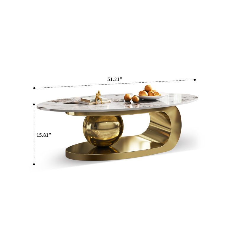 Orren Ellis Modern Oval Faux Marble Glass Coffee Table with Metal Base ...