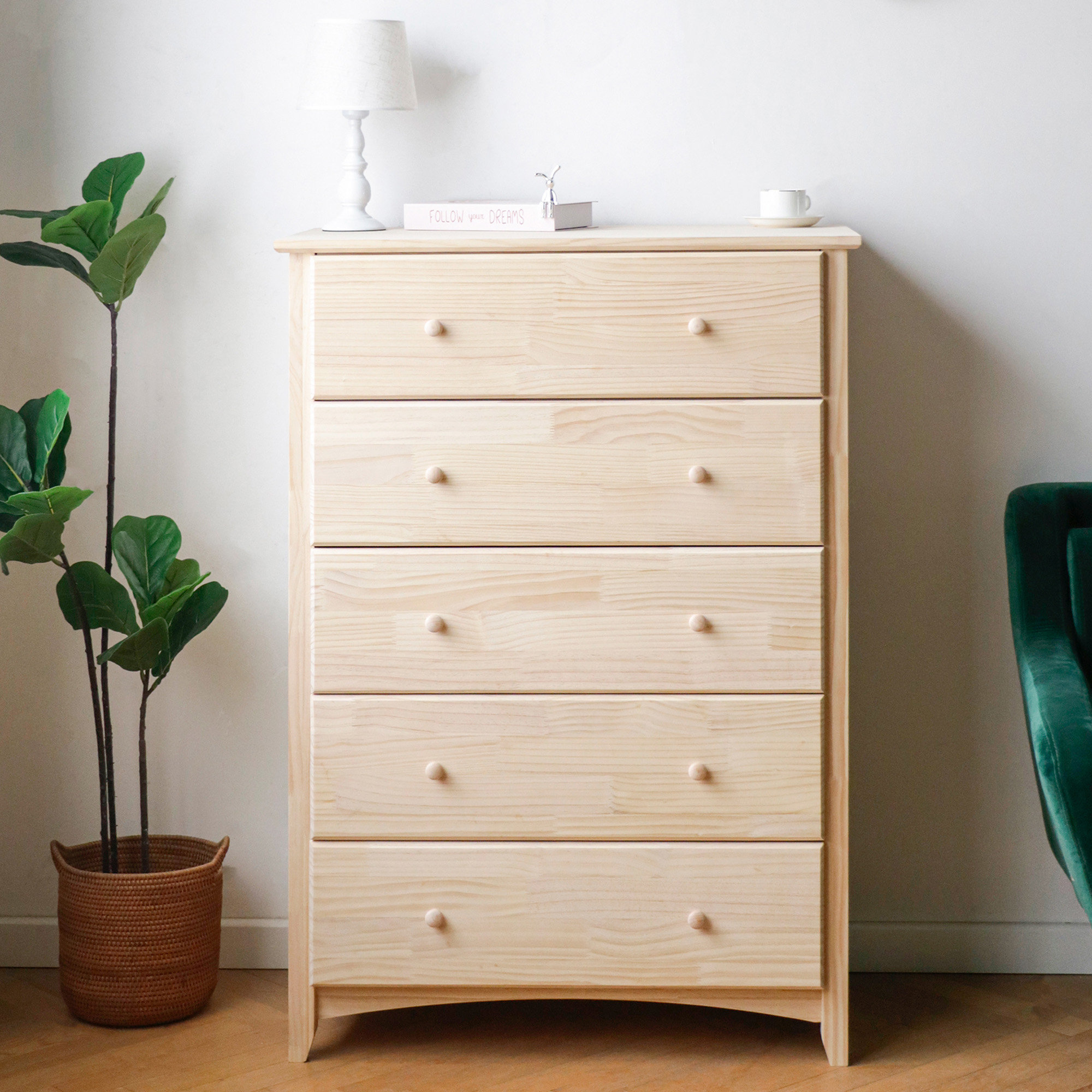 Gracie Oaks Pine Wood 5 Drawer Chest Unfinished. | Wayfair