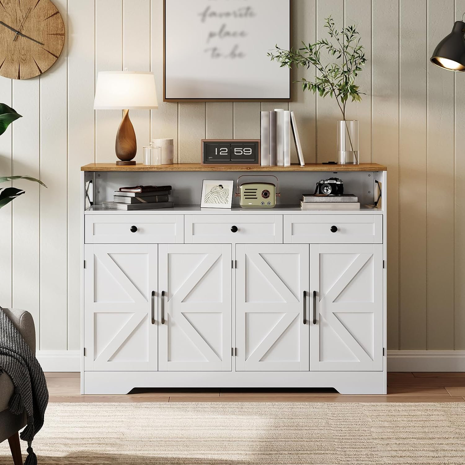 Gracie Oaks 51Inch Buffet Cabinet With Drawers, Wood Rustic Coffee Bar ...