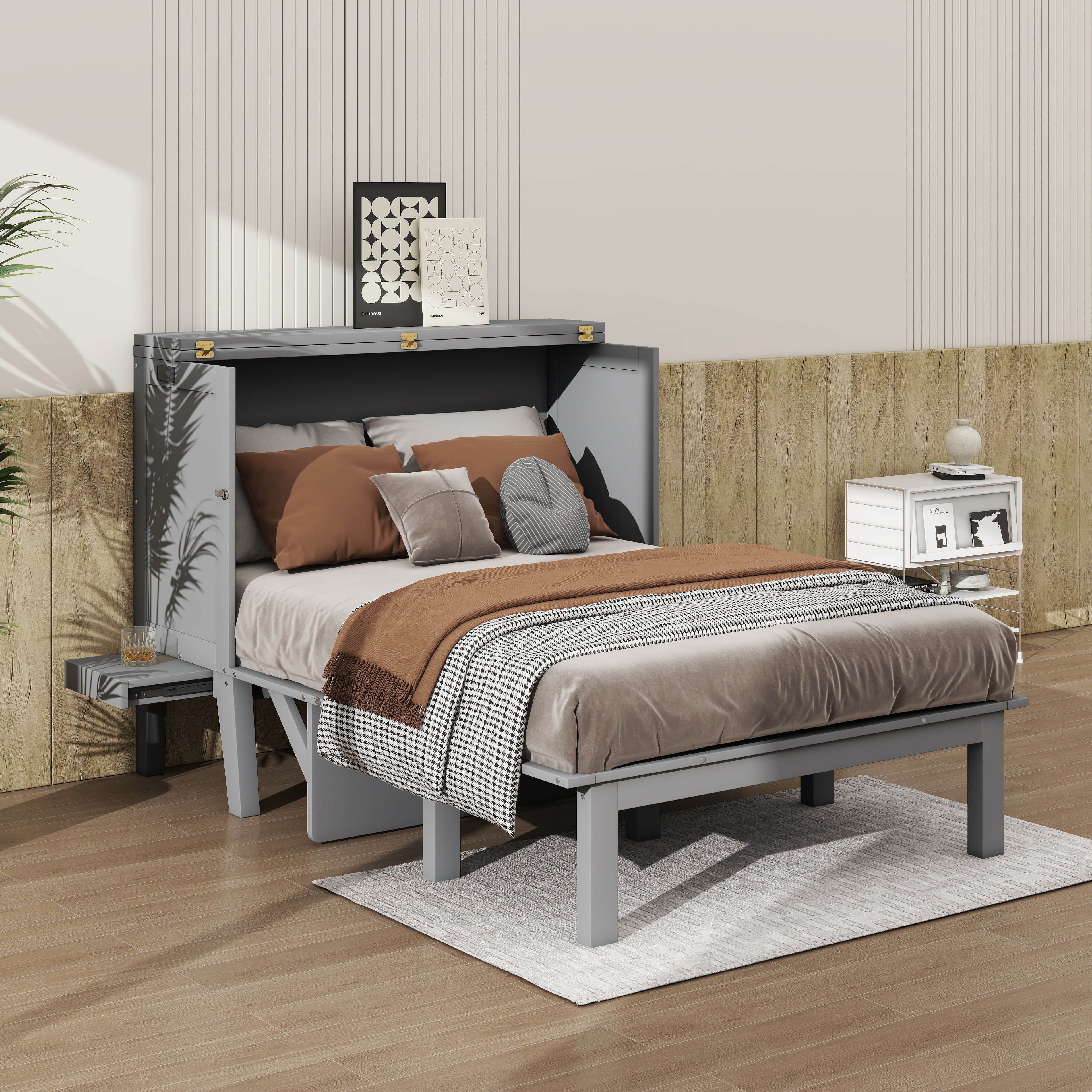 Latitude Run® Roomy Full-Sized Wall Bed With USB Port And Side Shelves ...