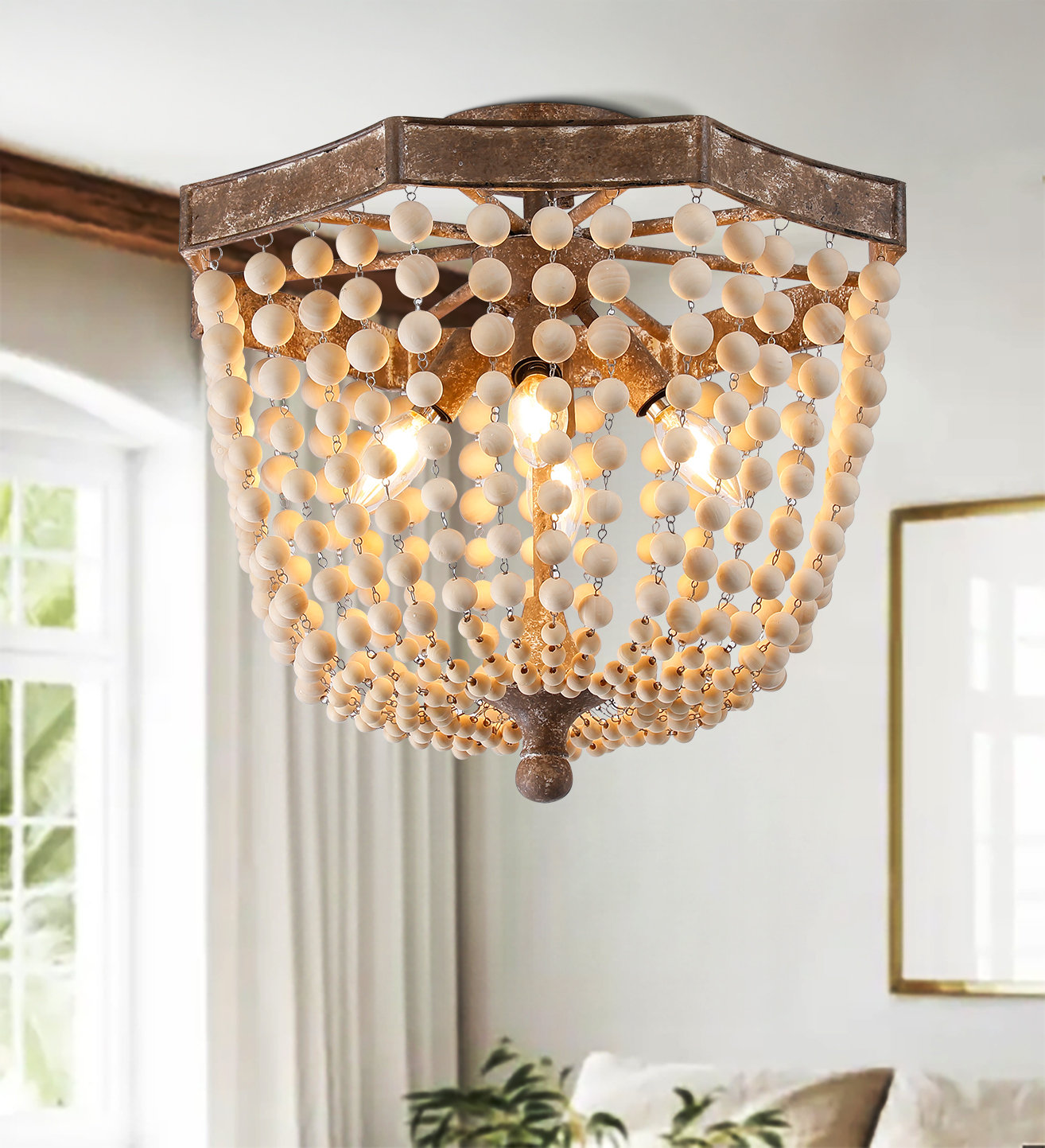 Bungalow Rose Antique Wood Bead Semi-flush Mount Ceiling Light | Wayfair
