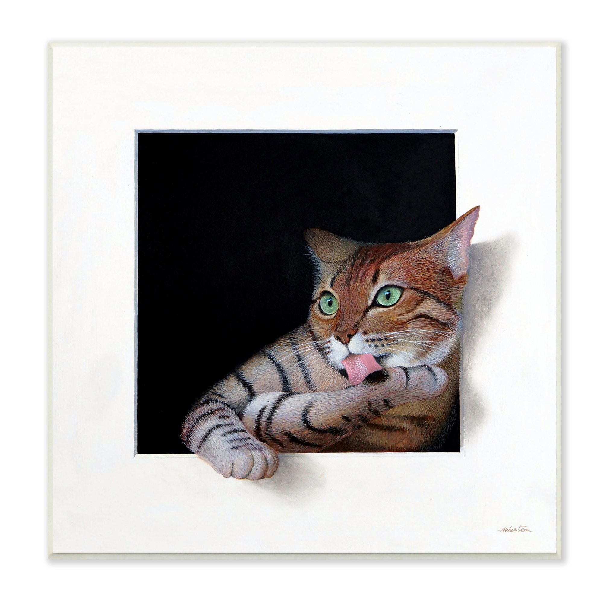 Stupell Industries Manx Cat Grooming Green Eyes Optical Illusion Wall ...