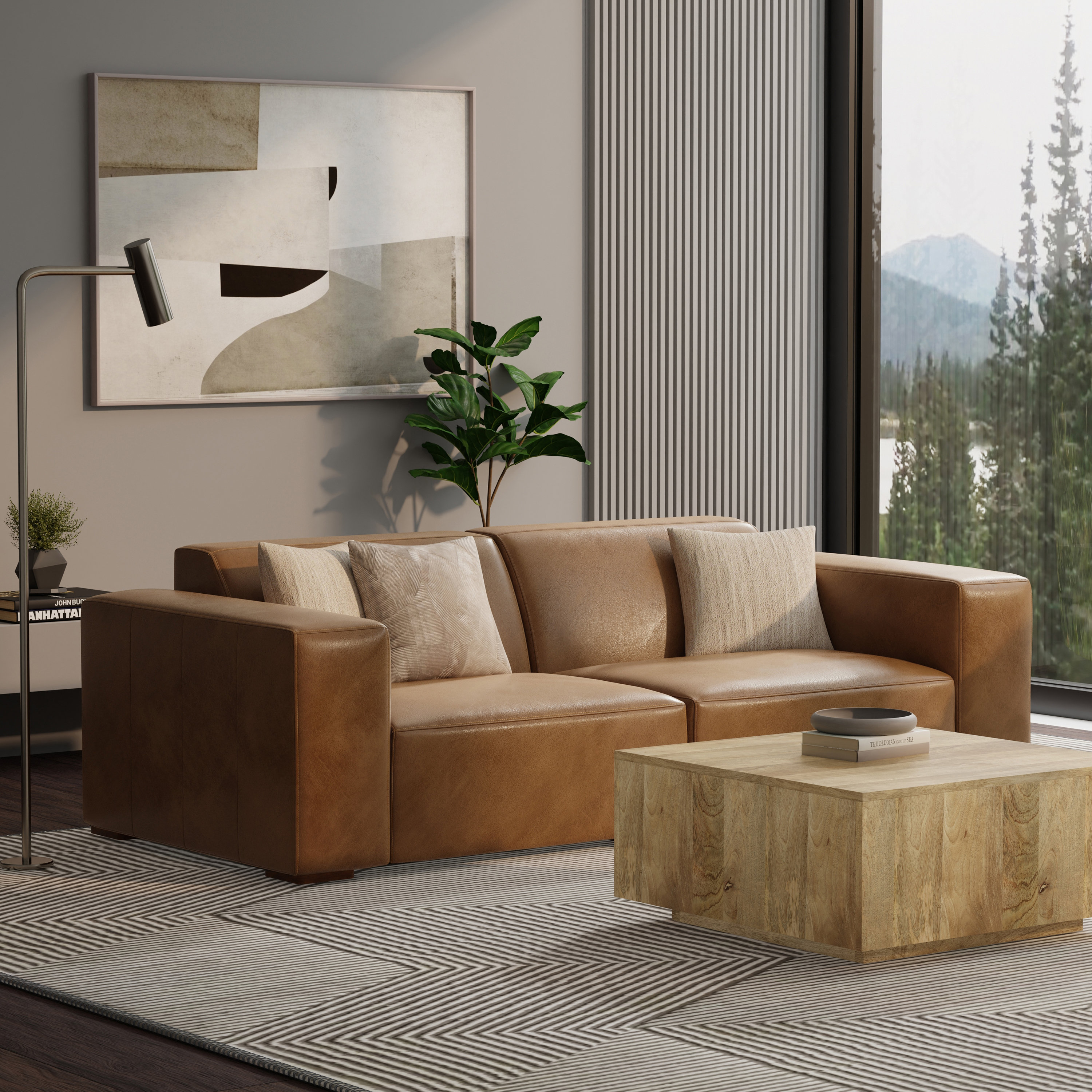 Simpli Home Rex Large 2-Seater Sofa in Genuine Leather Living Room ...