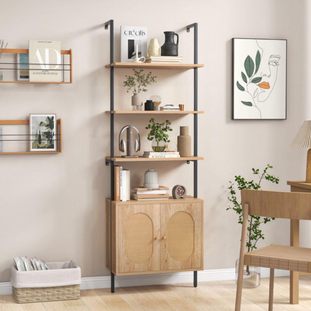 17 Stories 71 Inch 6-Tier Wall Mounted Ladder Bookshelf With Cabinet ...