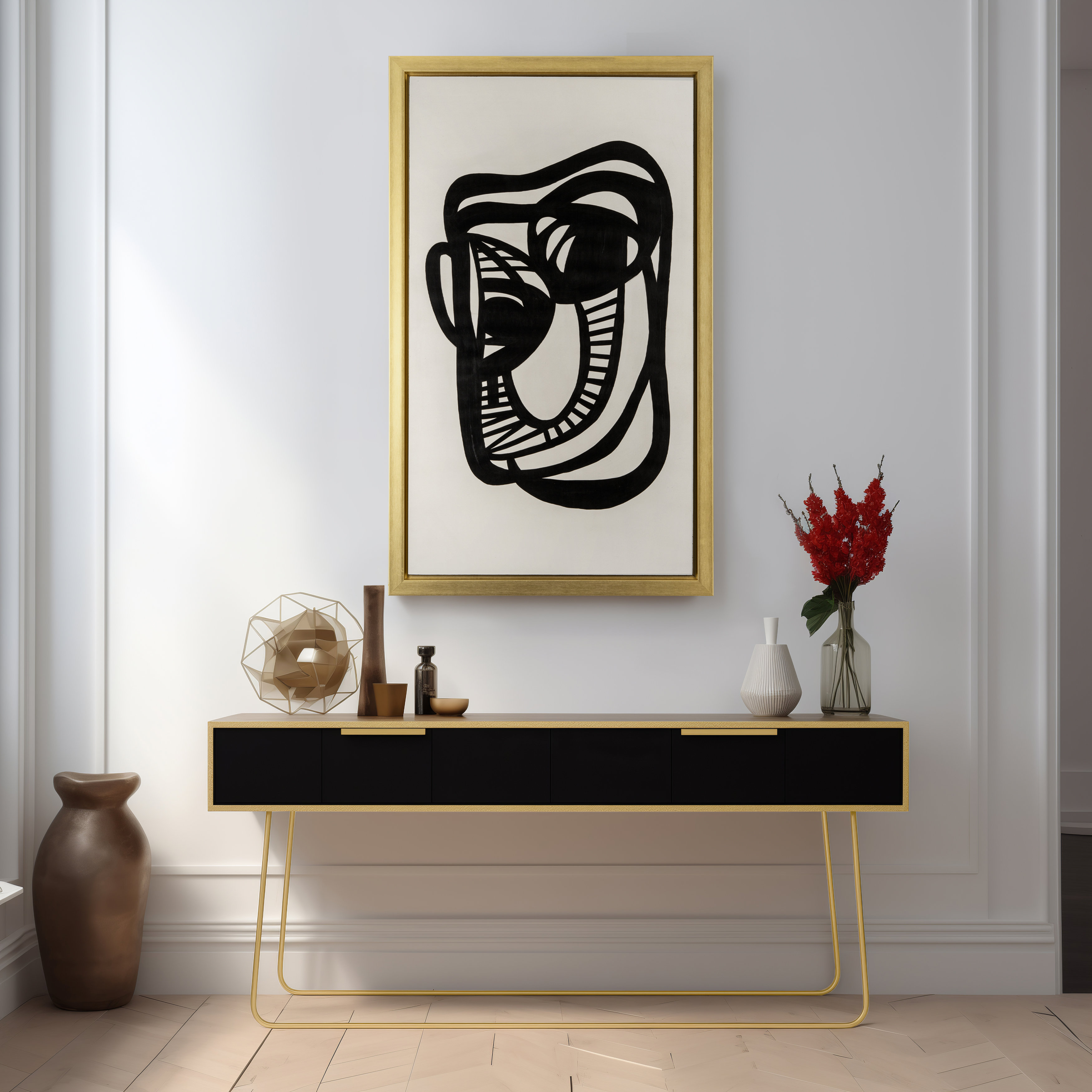 Orren Ellis Modern Abstract Geo Face One Line Drawing Gold Frame, Black ...