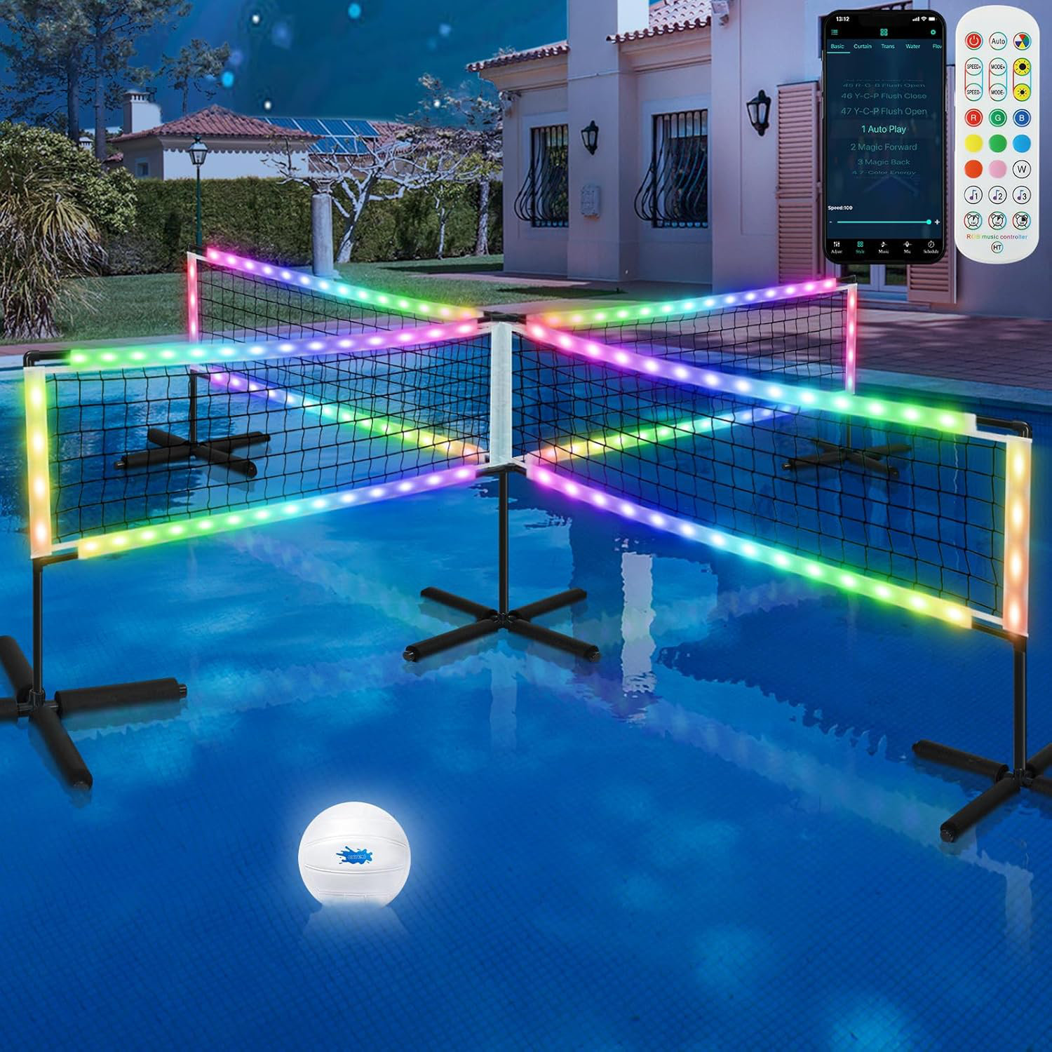 LinsCraft LED 4-Way Pool Volleyball Net, Light-Up Four Square ...