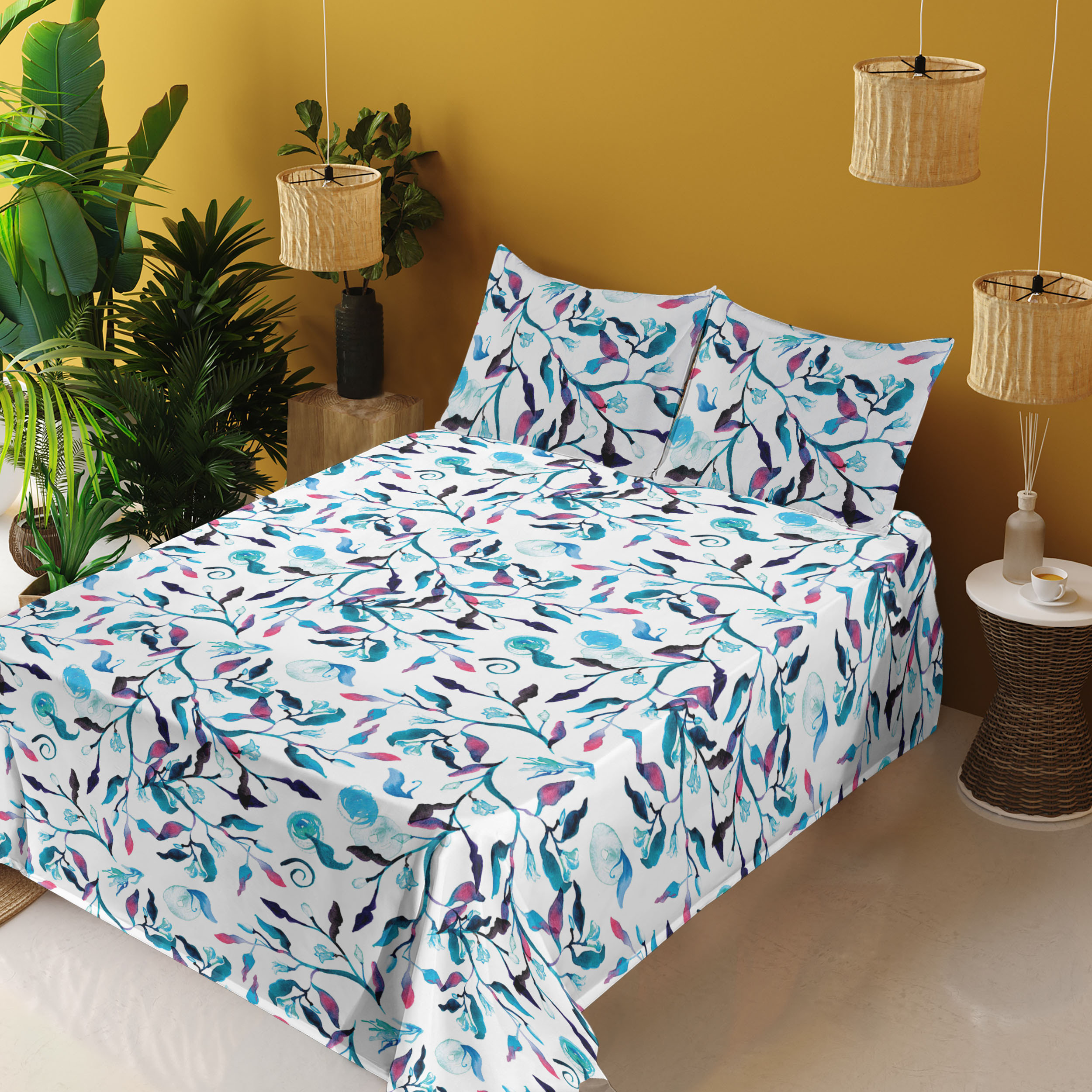 Ambesonne Botanical Sheet Set Repeating Branches Leaves Sky Blue Pink ...