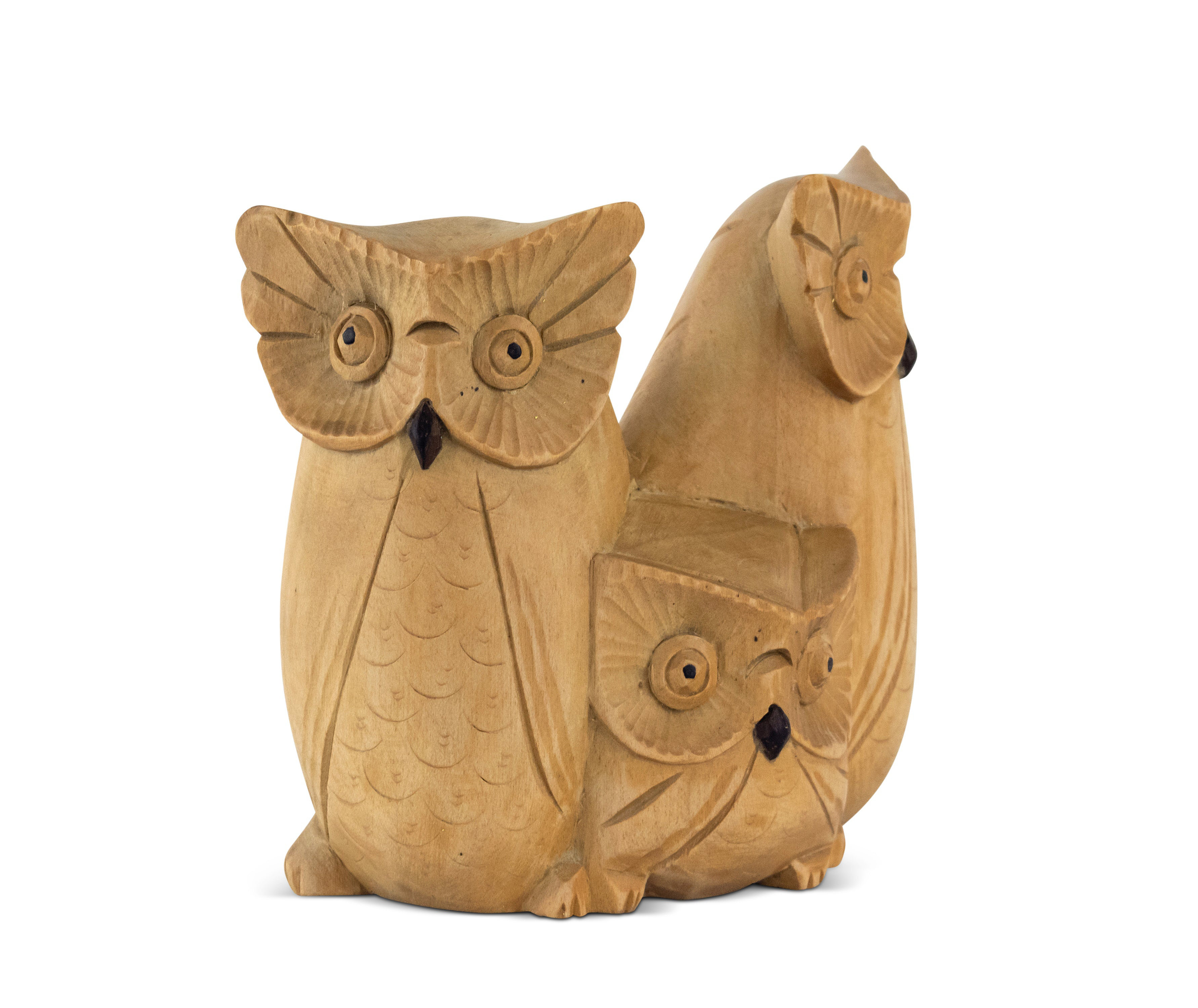 Millwood Pines Wooden Handmade Owl And Family Figurine Handcrafted Hoot ...