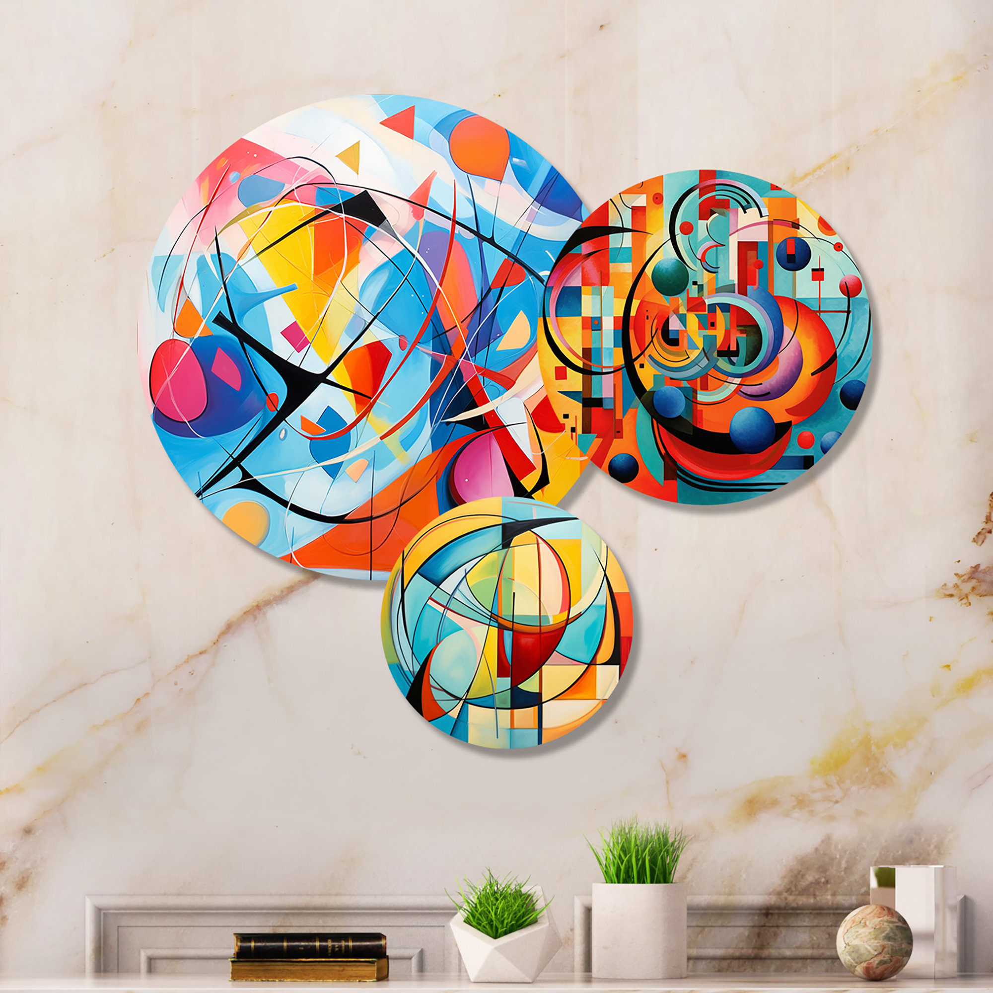 East Urban Home Orange Blue Geometry Unleashed IV On Metal 3 Pieces ...