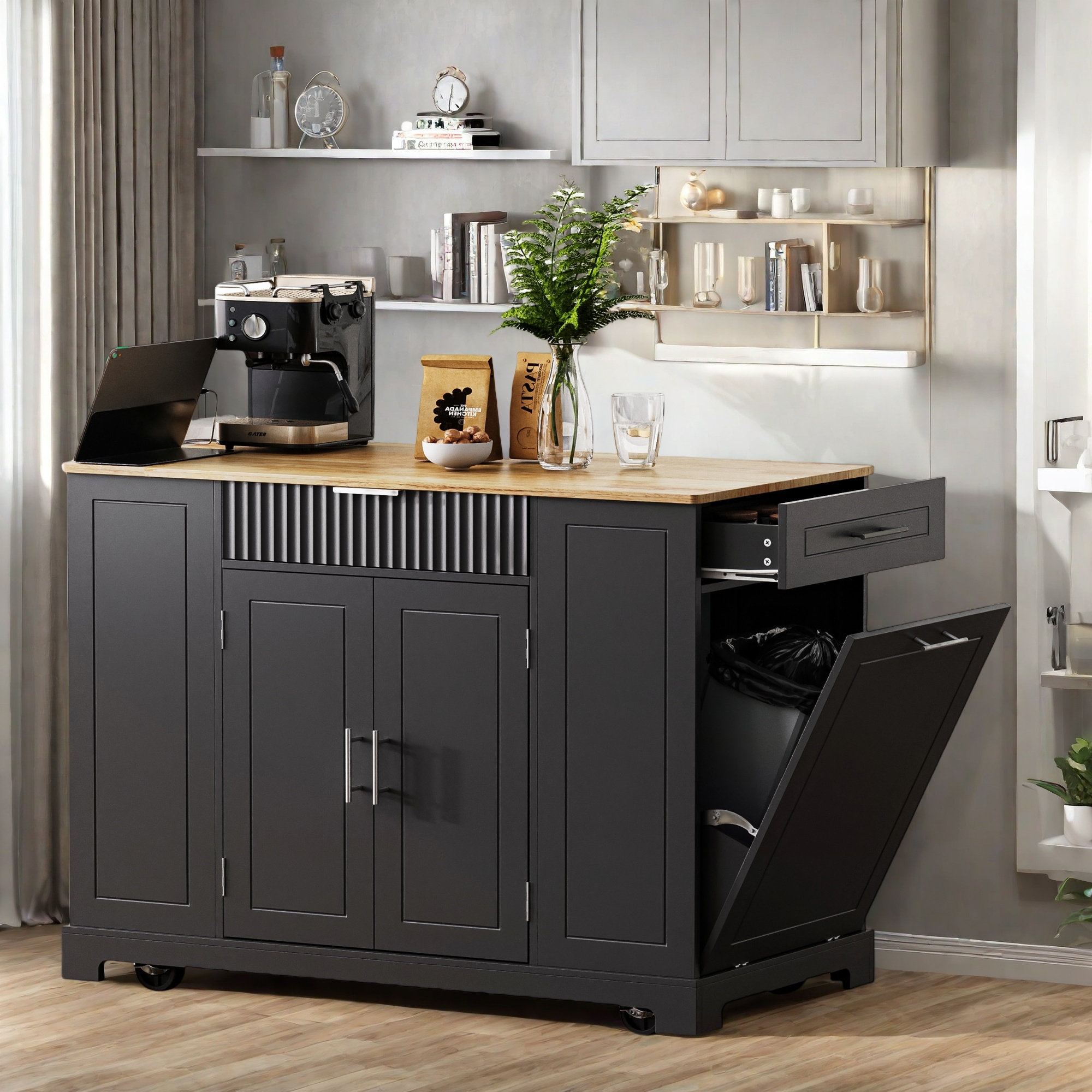 Lark Manor™ Fluted Rolling Kitchen Island With Trash Can Storage ...