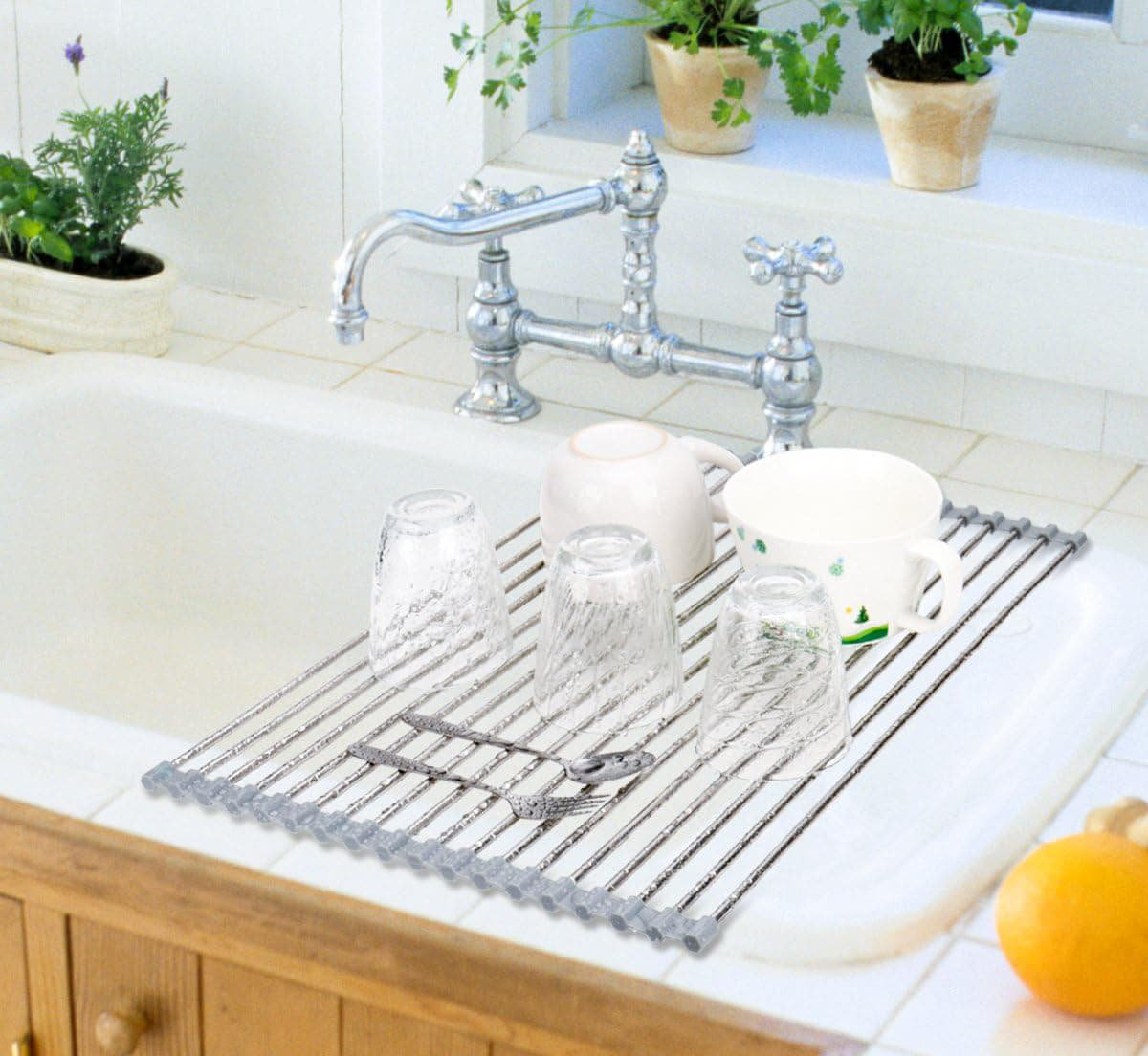 VEROSAL Dish Drying Rack Over The Sink - Rollable Titanium Golden ...