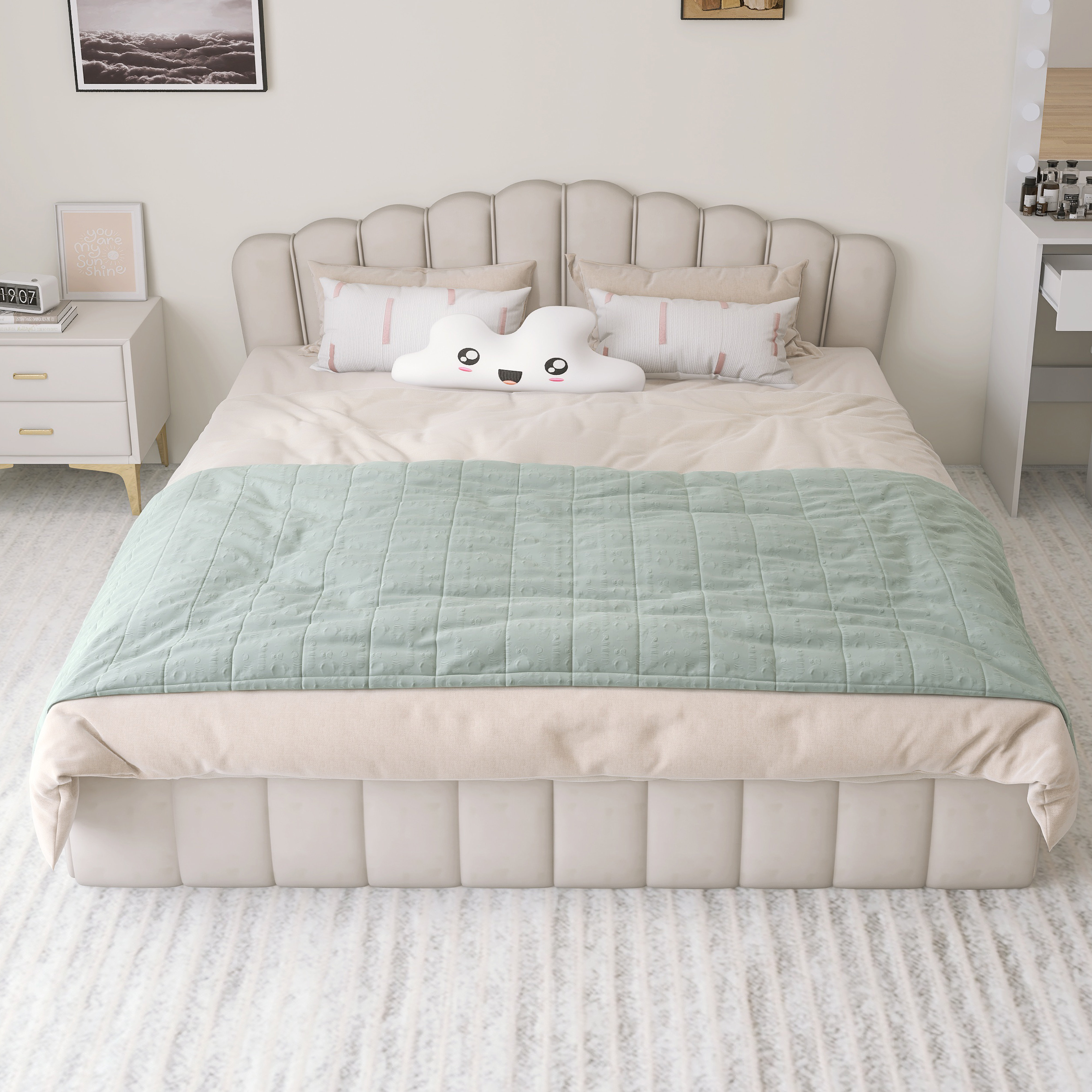 Mercer41 Velvet Upholstered Queen Bed Frame Floor Bed Shell-Shaped ...