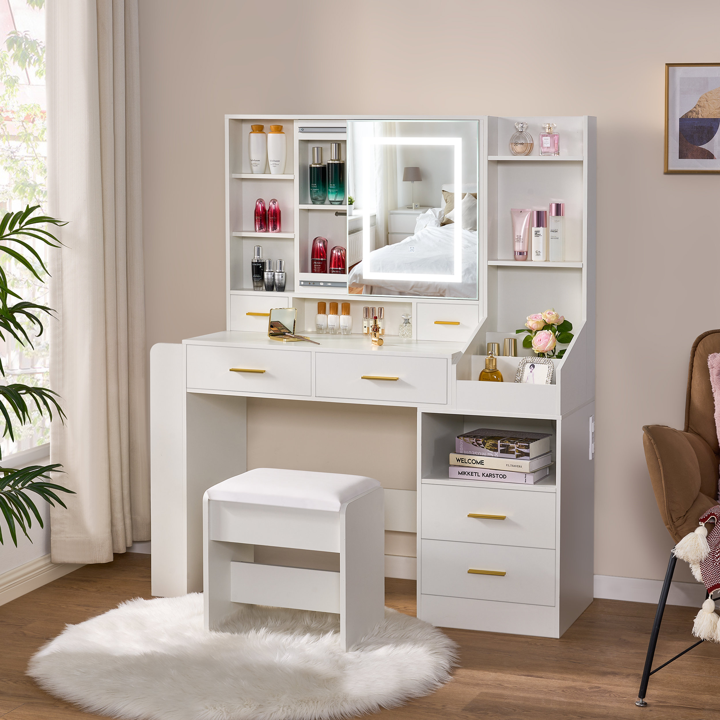 Wrought Studio 43.3" Large Mirror Makeup Vanity Set with 4 Drawers and ...