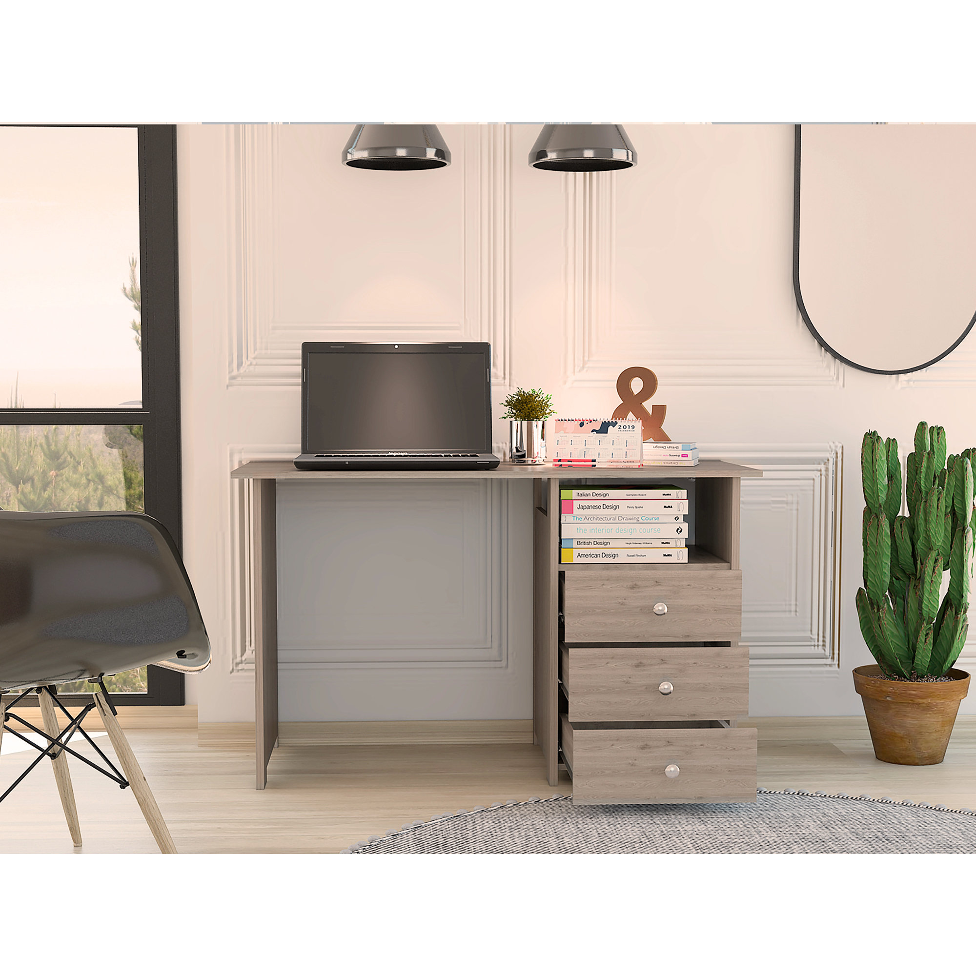Latitude Run® Bianco Writing Computer Desk, Three Drawers, One Shelf ...