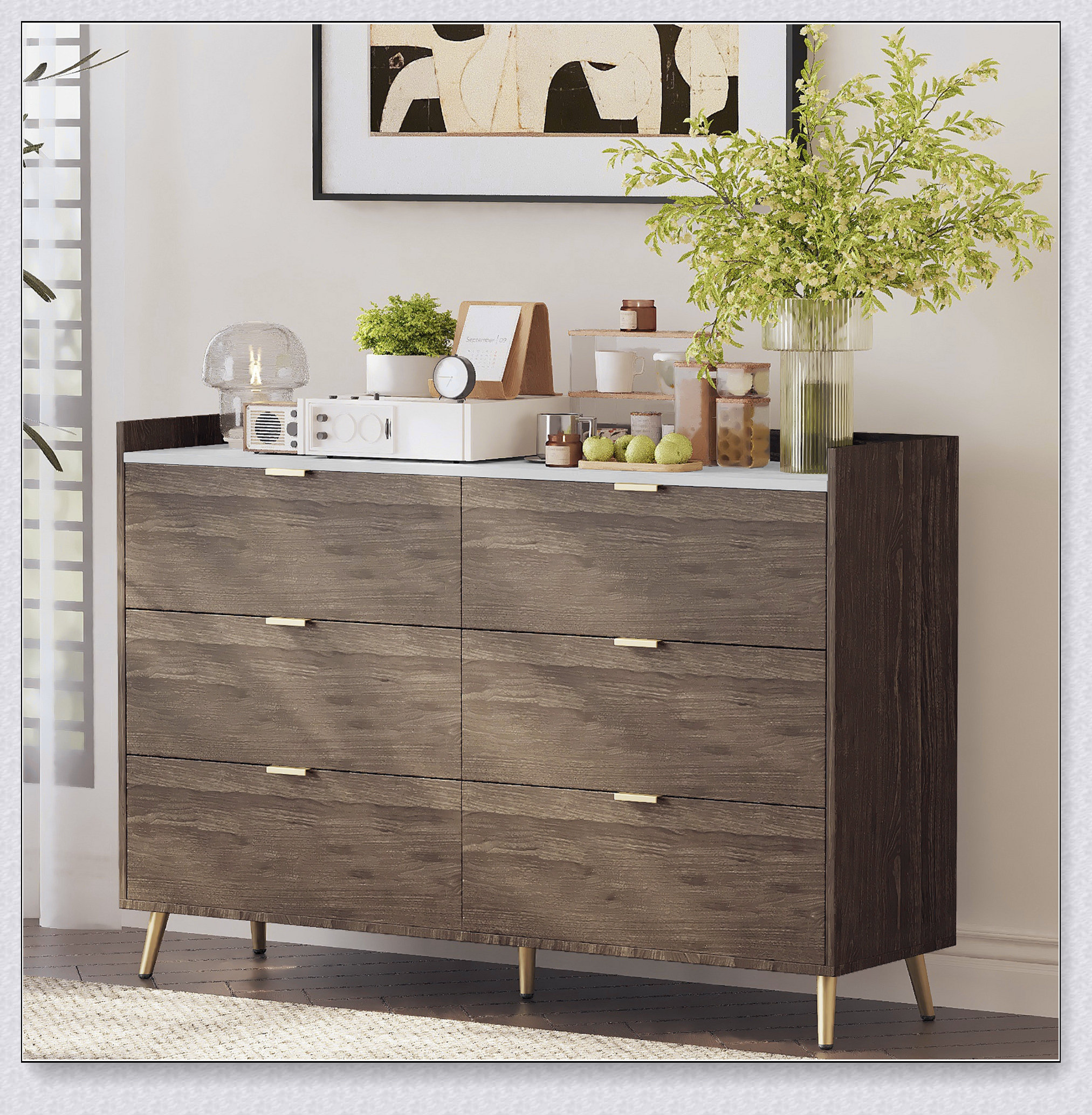 Latitude Run® 55" Long 6 Drawer Dresser with Marbling Worktop, Modern ...