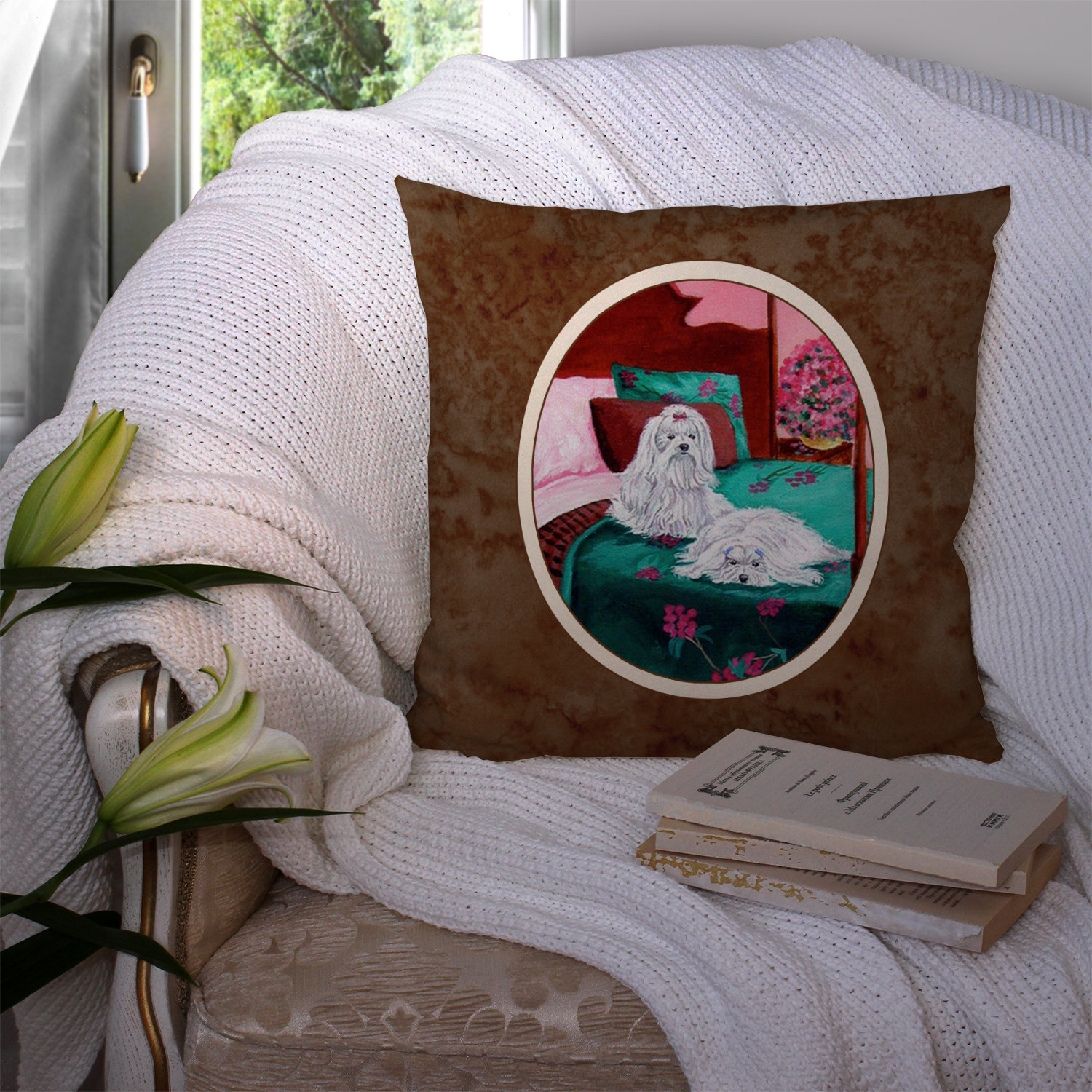 Caroline's Treasures Maltese and puppy waiting on you 14" Throw Pillow ...