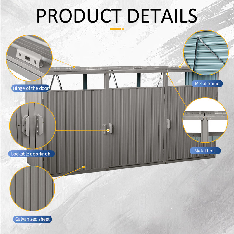 HOA.WWC Metal Outdoor Garbage Bin Shed For 3 Trash Cans Gray,stainless ...