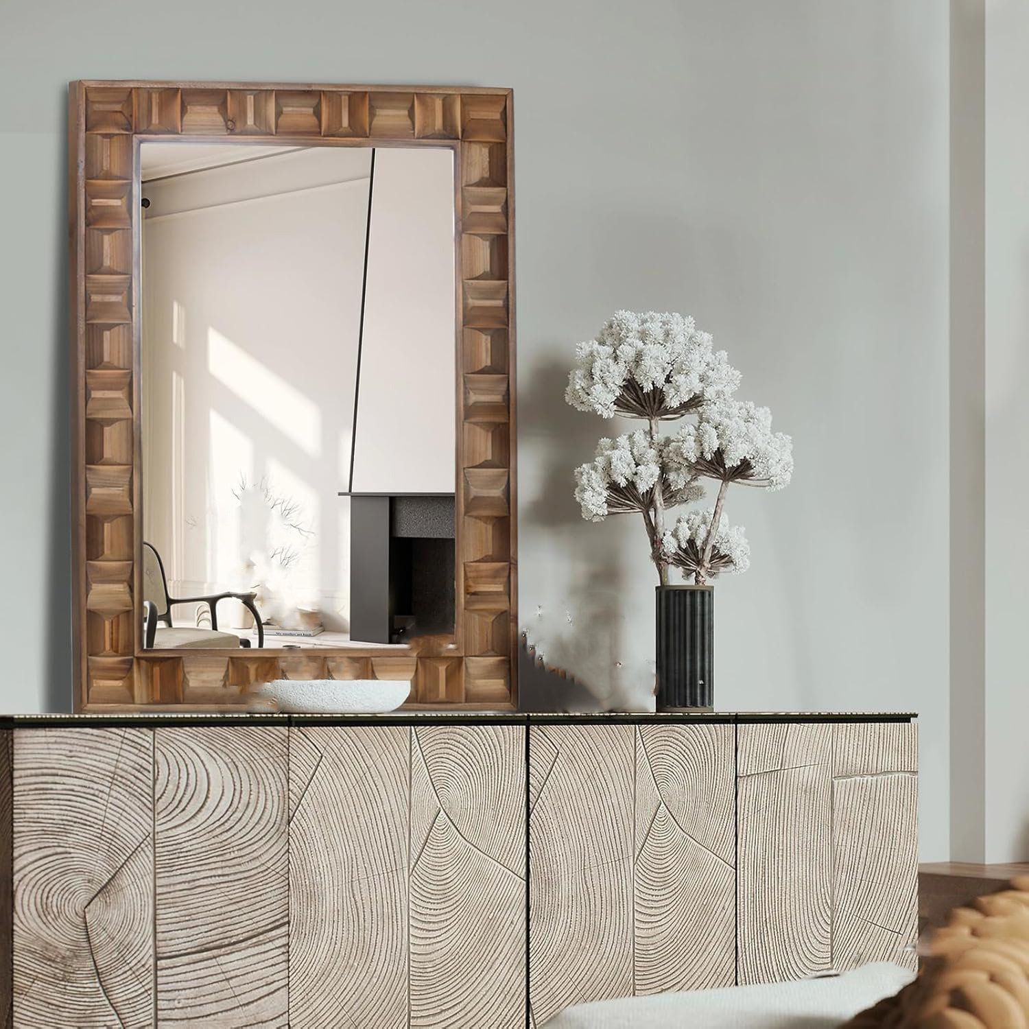 Gracie Oaks Wooden Rectangular Wall Mirror For Farmhouse | Wayfair