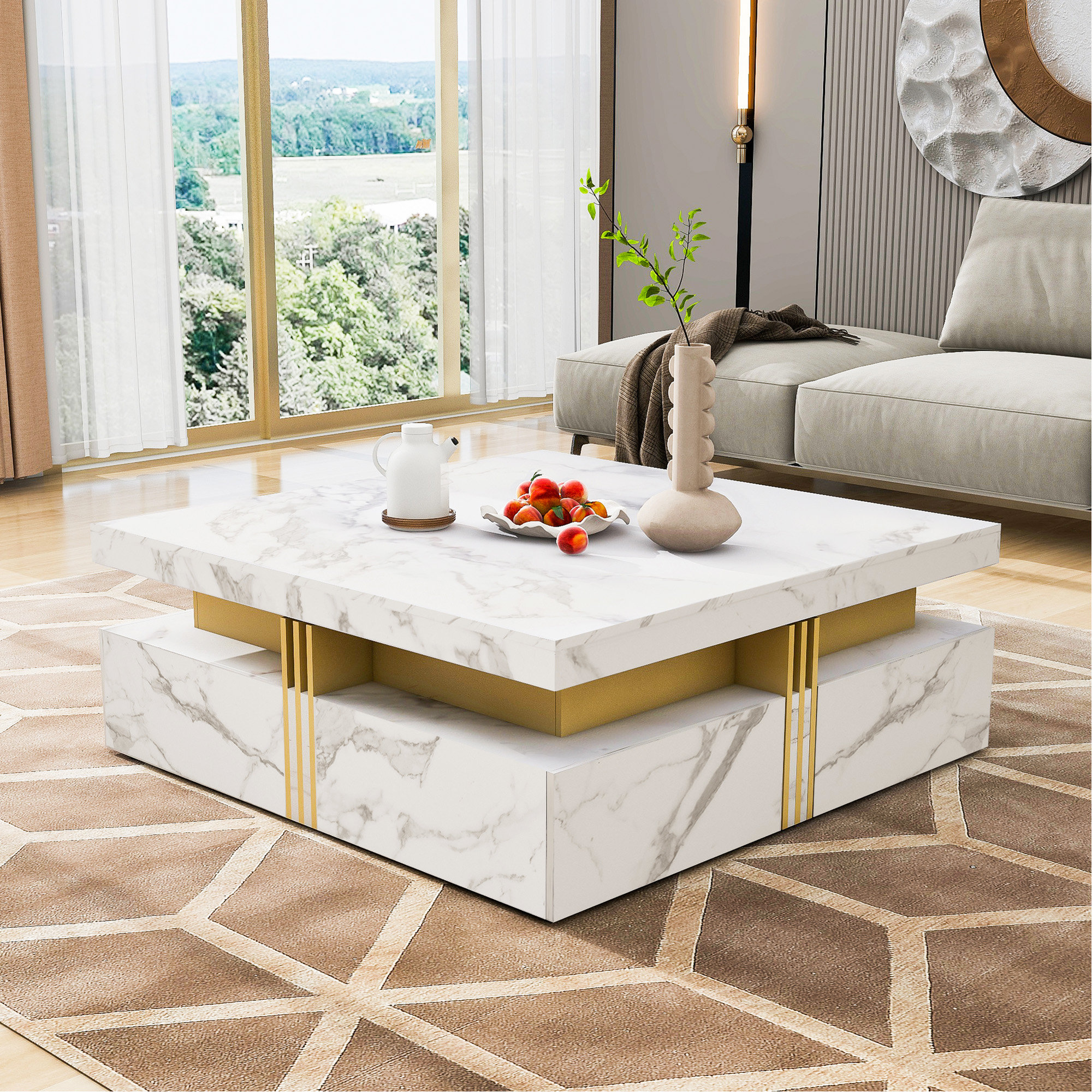 Everly Quinn Modern Square Storage Coffee Table with 4 Drawers ...