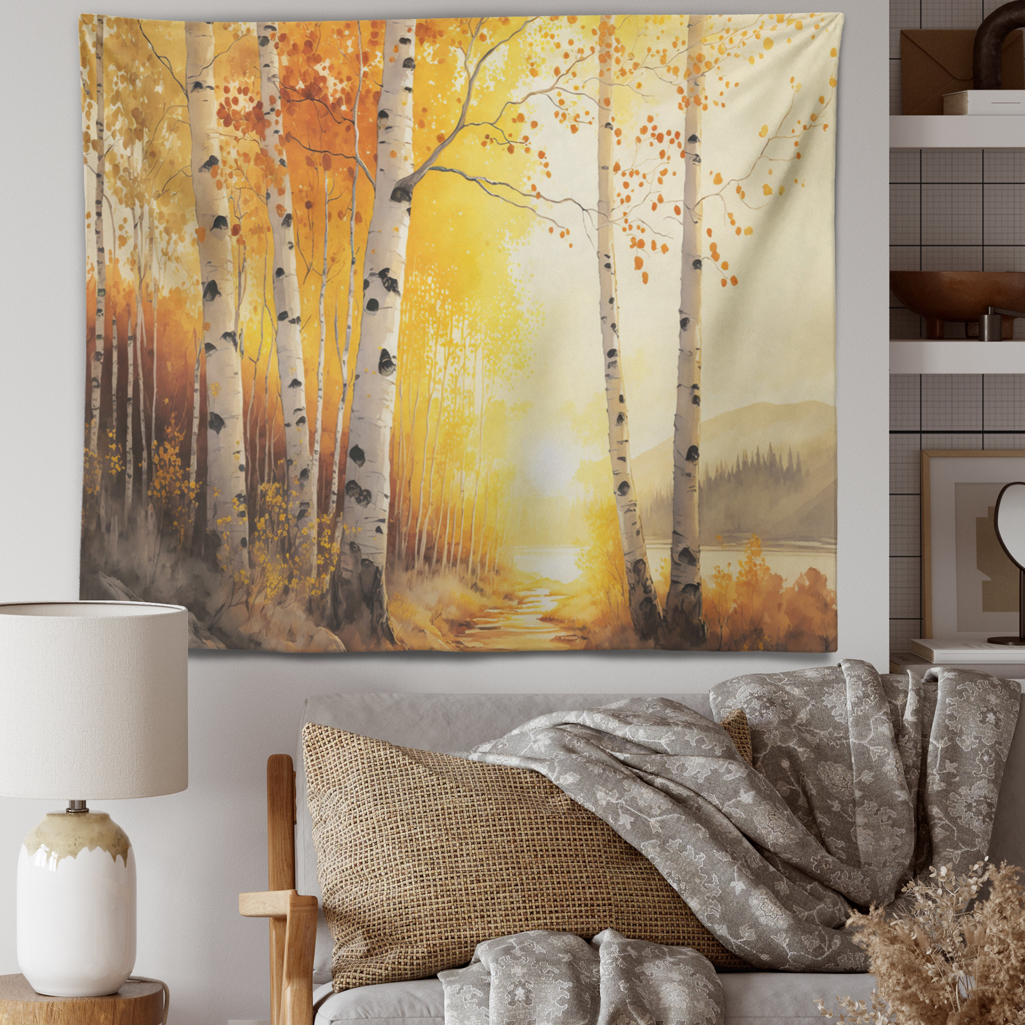 Millwood Pines Polyester Birch Trees During Golden Hour By The Lakeside ...