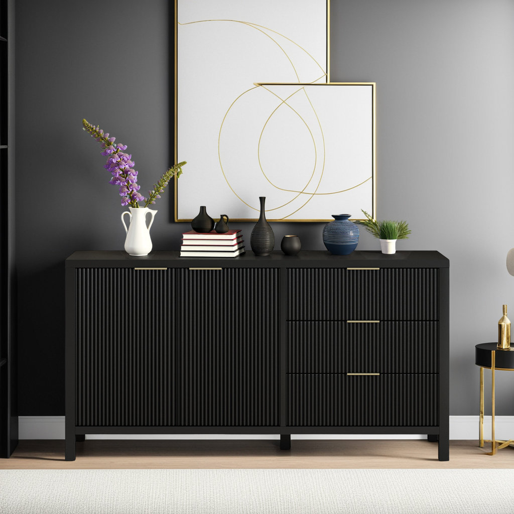 Ebern Designs Modern Minimalist Wave-Pattern Sideboard with Functional Storage, for Entryway ...