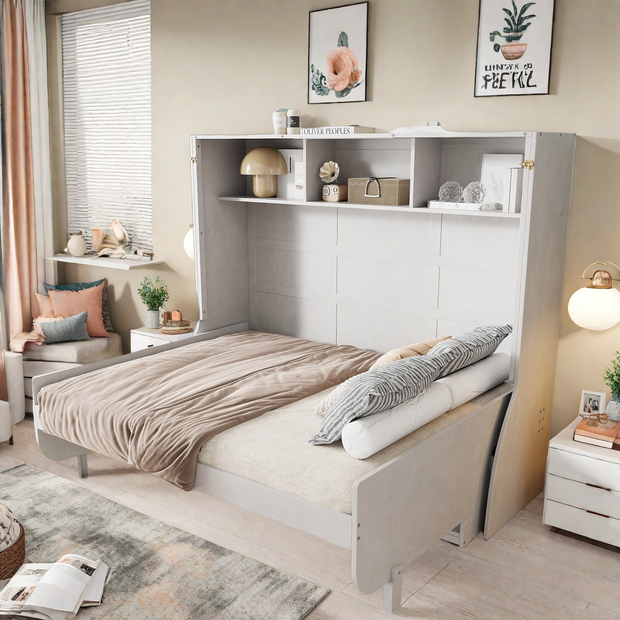 Red Barrel Studio® Antique Murphy Bed With A Desk And 3 Open Storage Cabinets | Wayfair