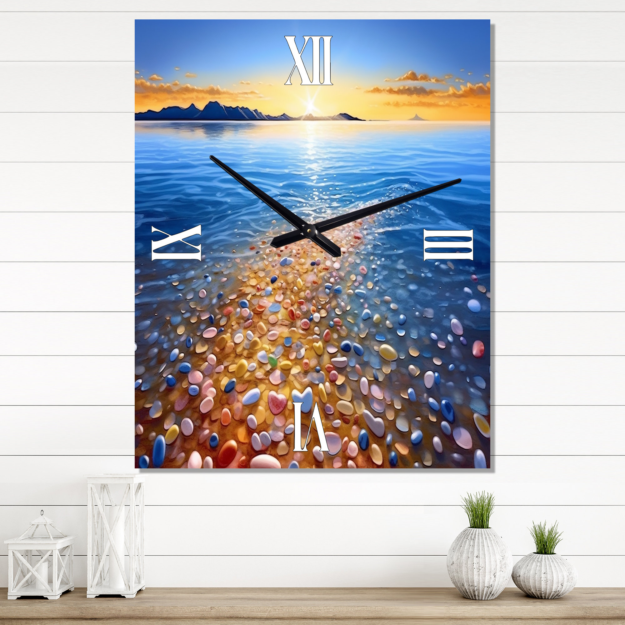 Design Art Sunrise Of Pebble Beach Ocean - Abstract Shapes Wall Clock ...