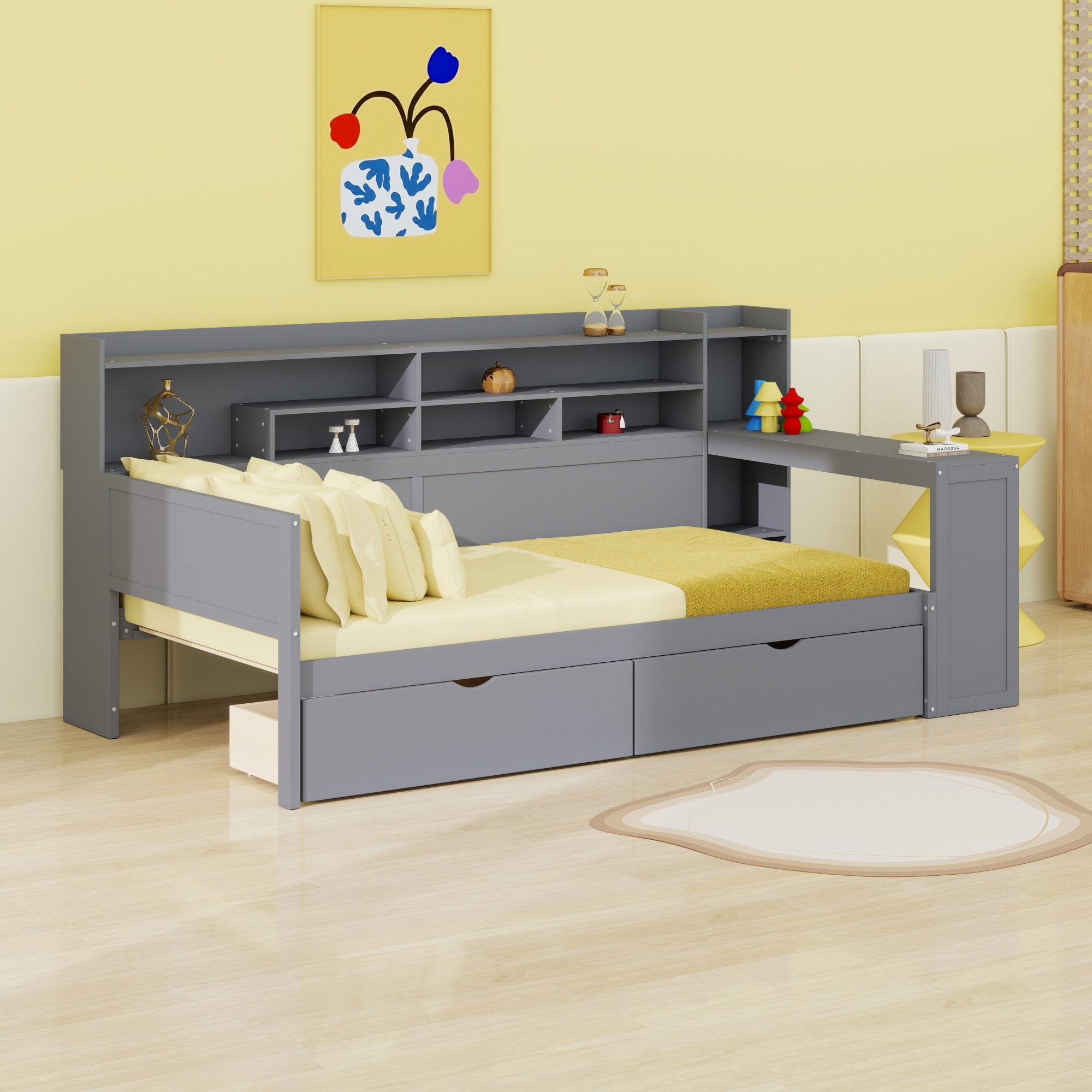 MO&OK Wooden Daybed With Storage Shelves, Multi-Functional Bed With Two ...