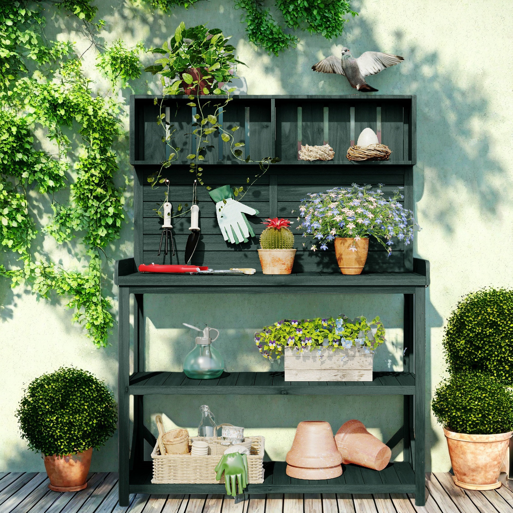 Red Barrel Studio® Large Outdoor Farmhouse Wooden Potting Bench Table ...