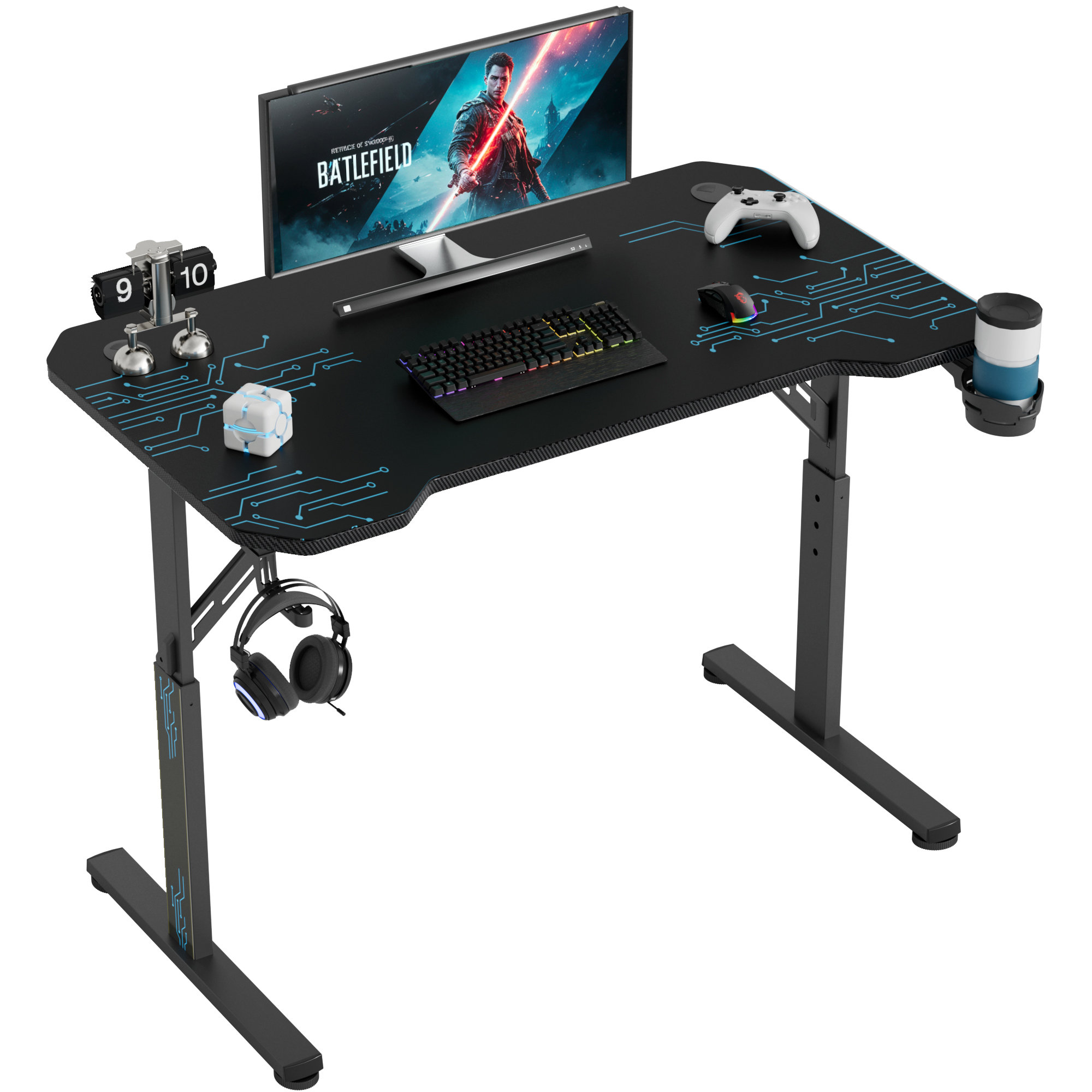 Ebern Designs Height Adjustable Gaming Desk with Cup Holder,Hook & Desk ...