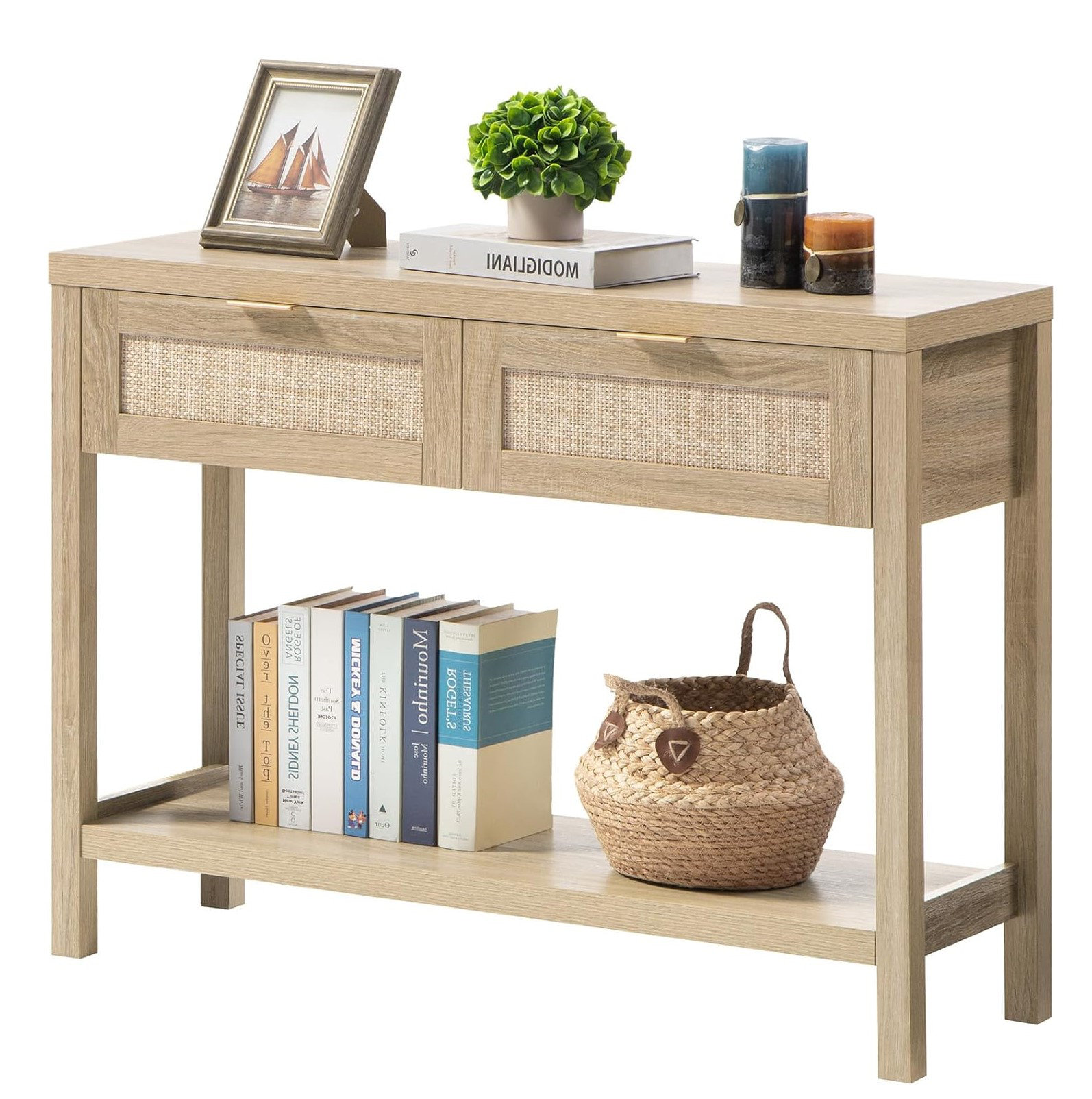 Dakota Fields Console Table with Rattan Drawers, Rustic Boho Rattan ...