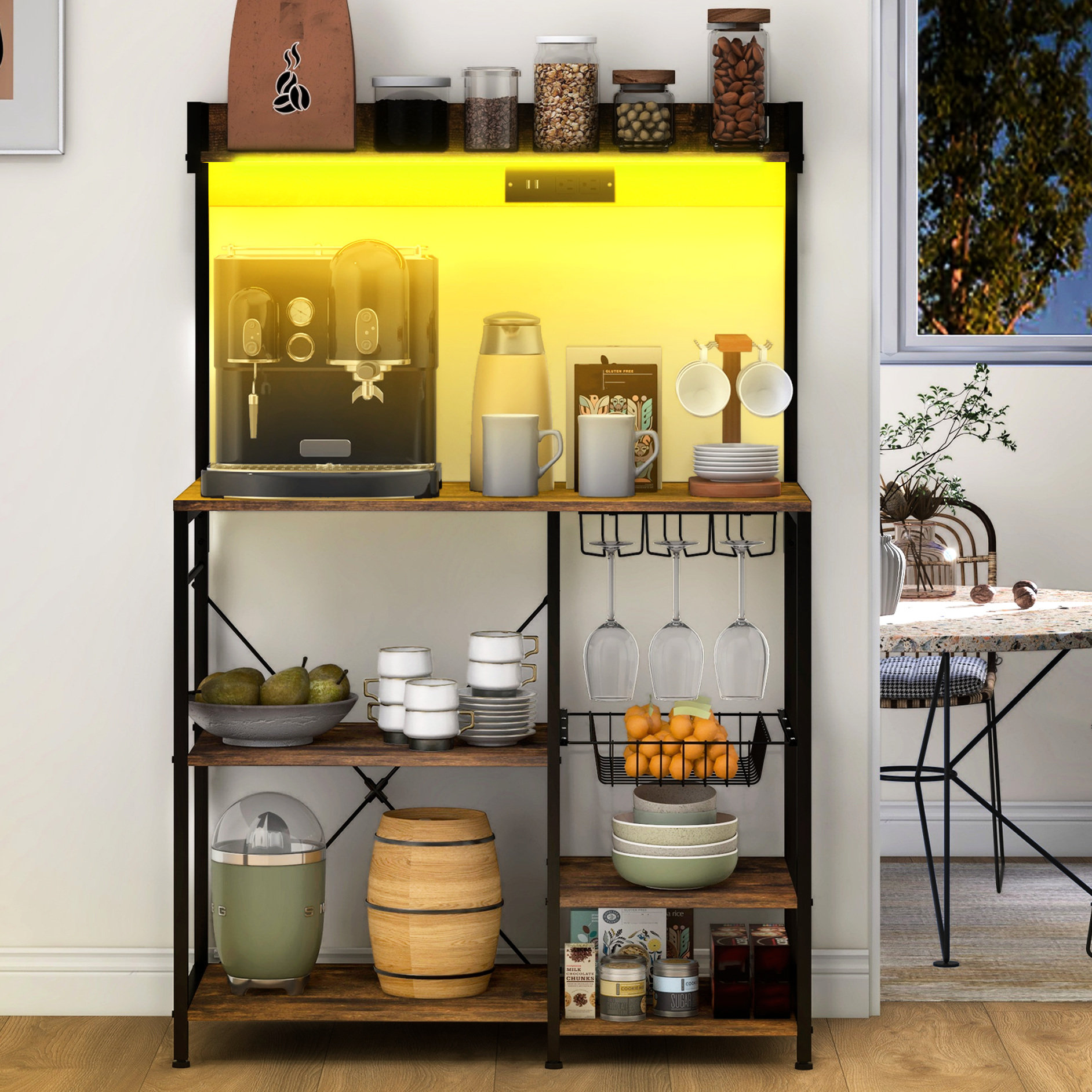 IntrospectiveIncline Rustic Brown Baker's Rack With Electrical Power ...