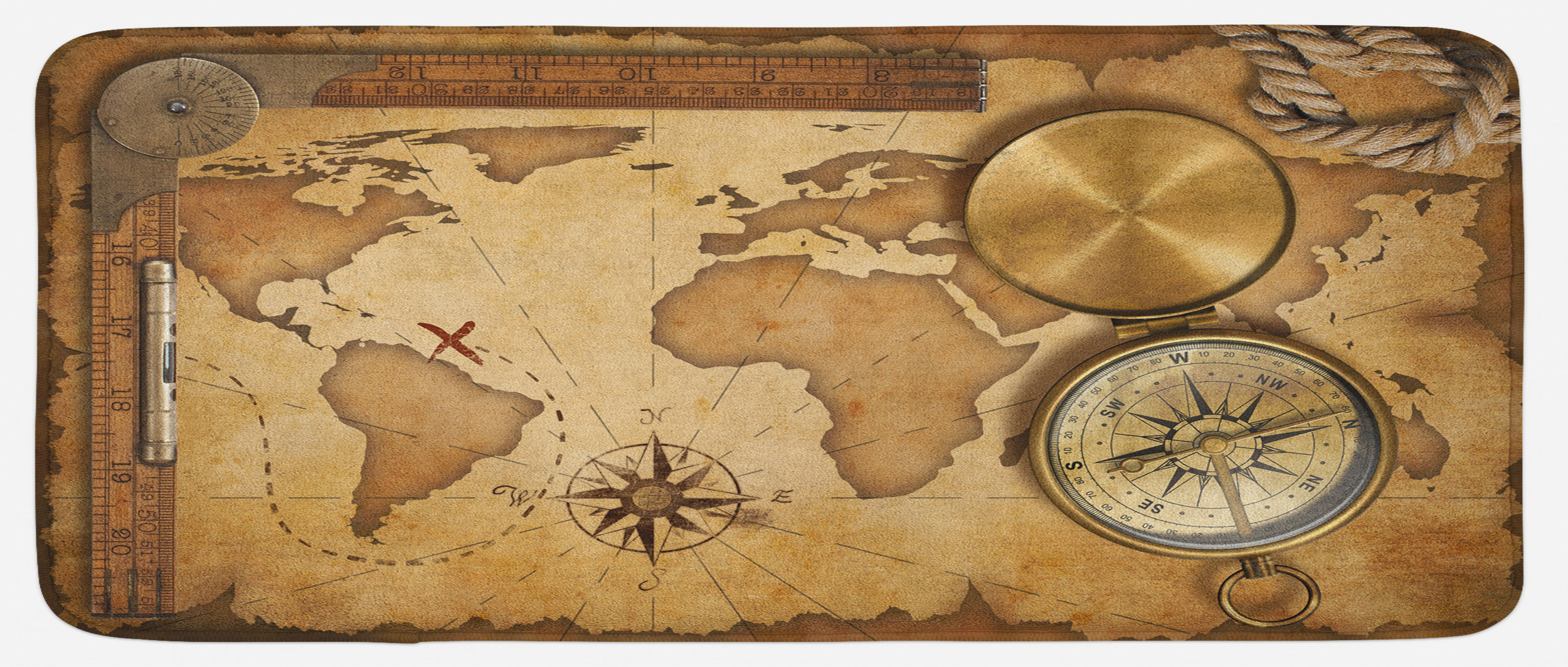 East Urban Home Aged Vintage Treasure Map Ruler Rope Old Compass ...