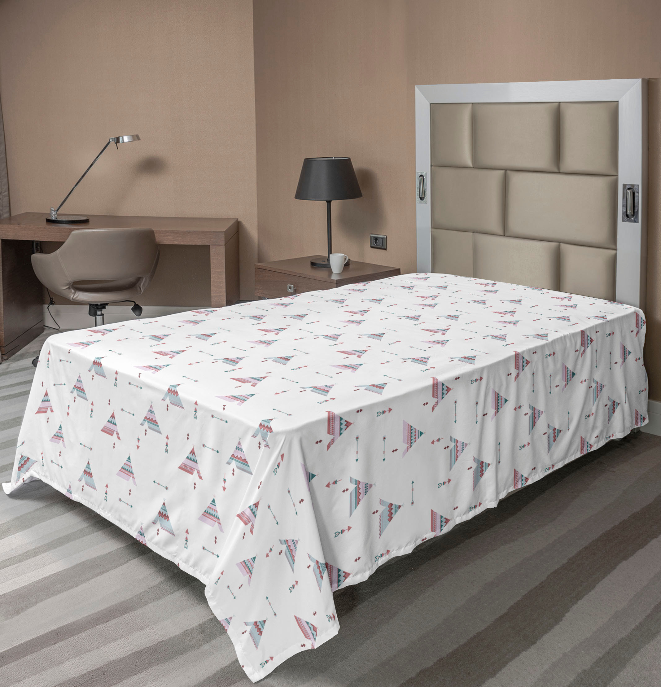 Ambesonne Bohemian Top Flat Sheet Triangle Feather Ethnic Dried Rose ...