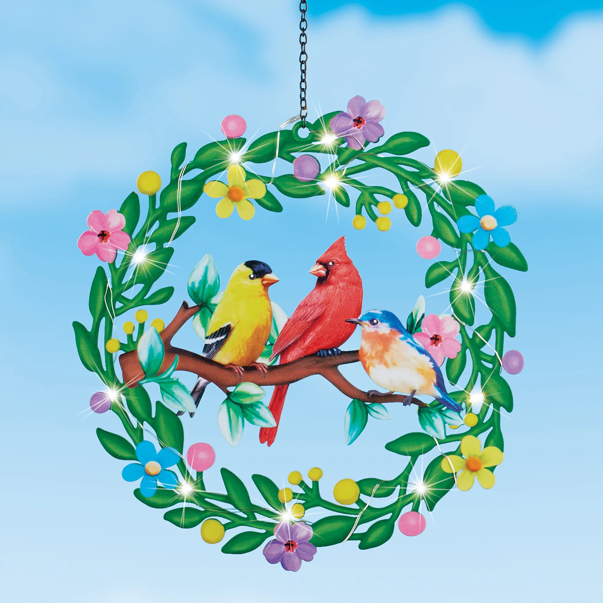 The Holiday Aisle® Solar Powered Birds in Wreath Hanging Garden Mobile ...