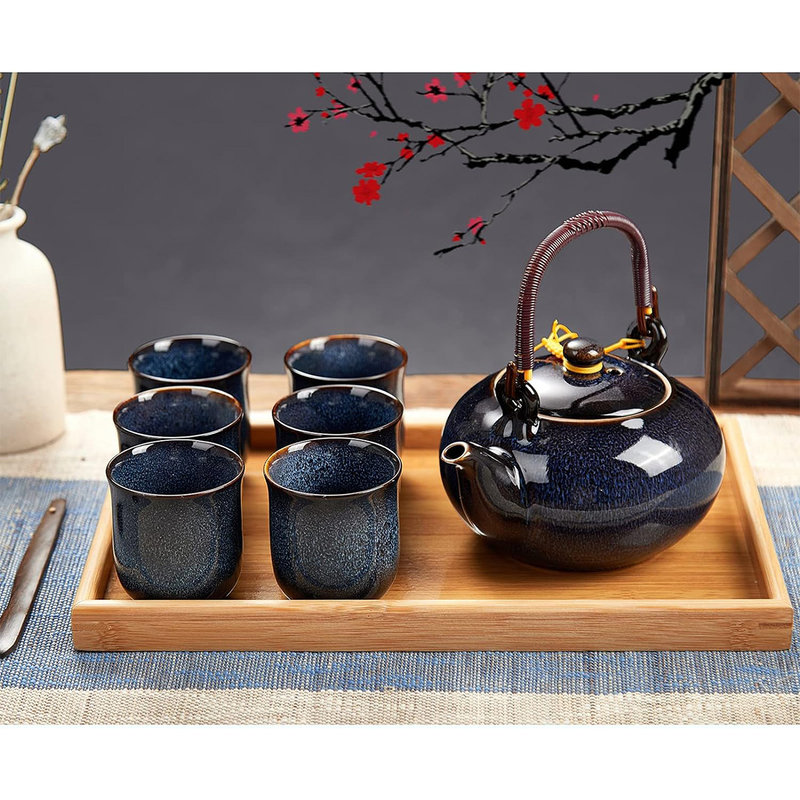 Lark Manor Dark Blue Japanese Tea Set for 6, Kiln Altered Glaze ...