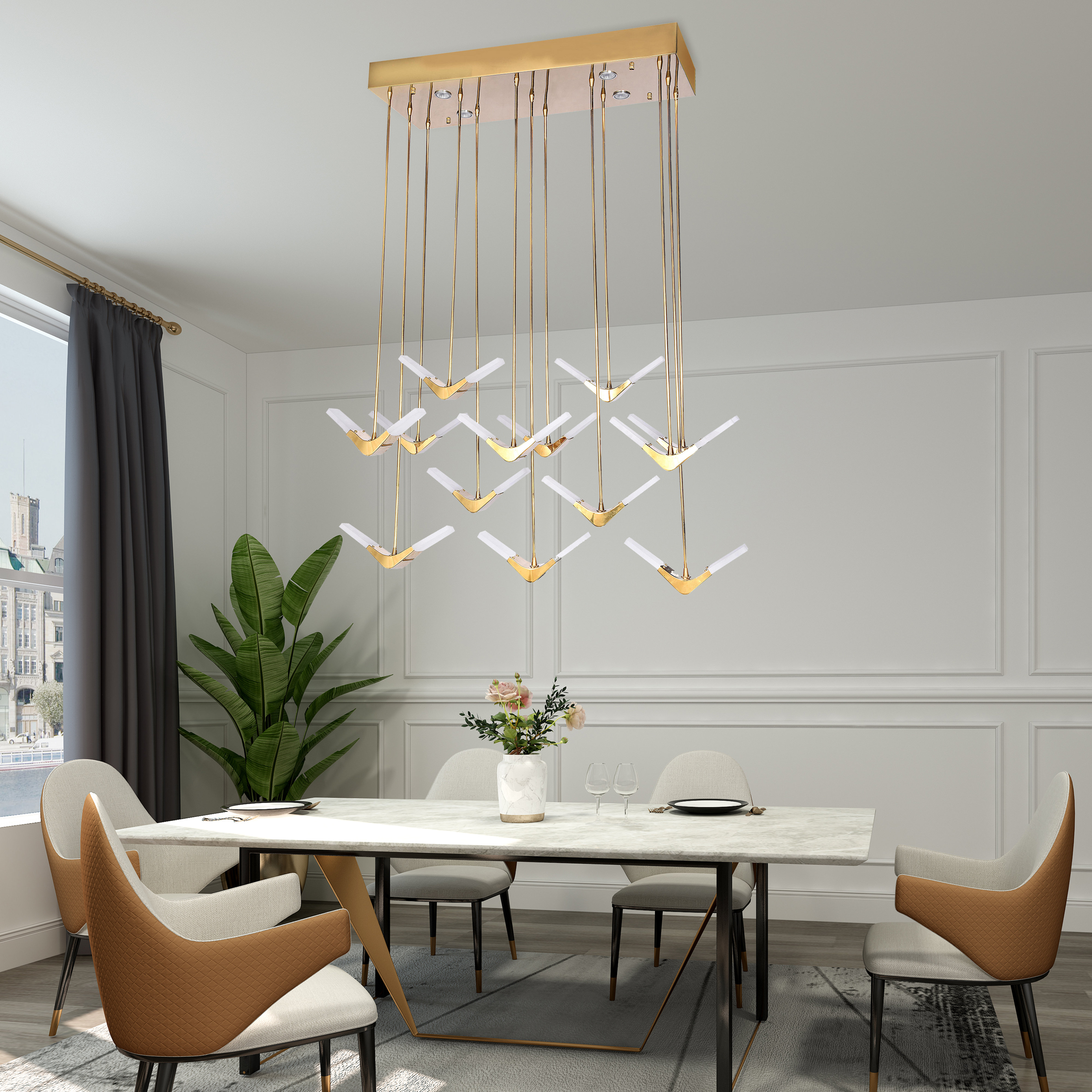 Everly Quinn 26-Light Gold Dimmable LED Chandelier With White Acrylic ...