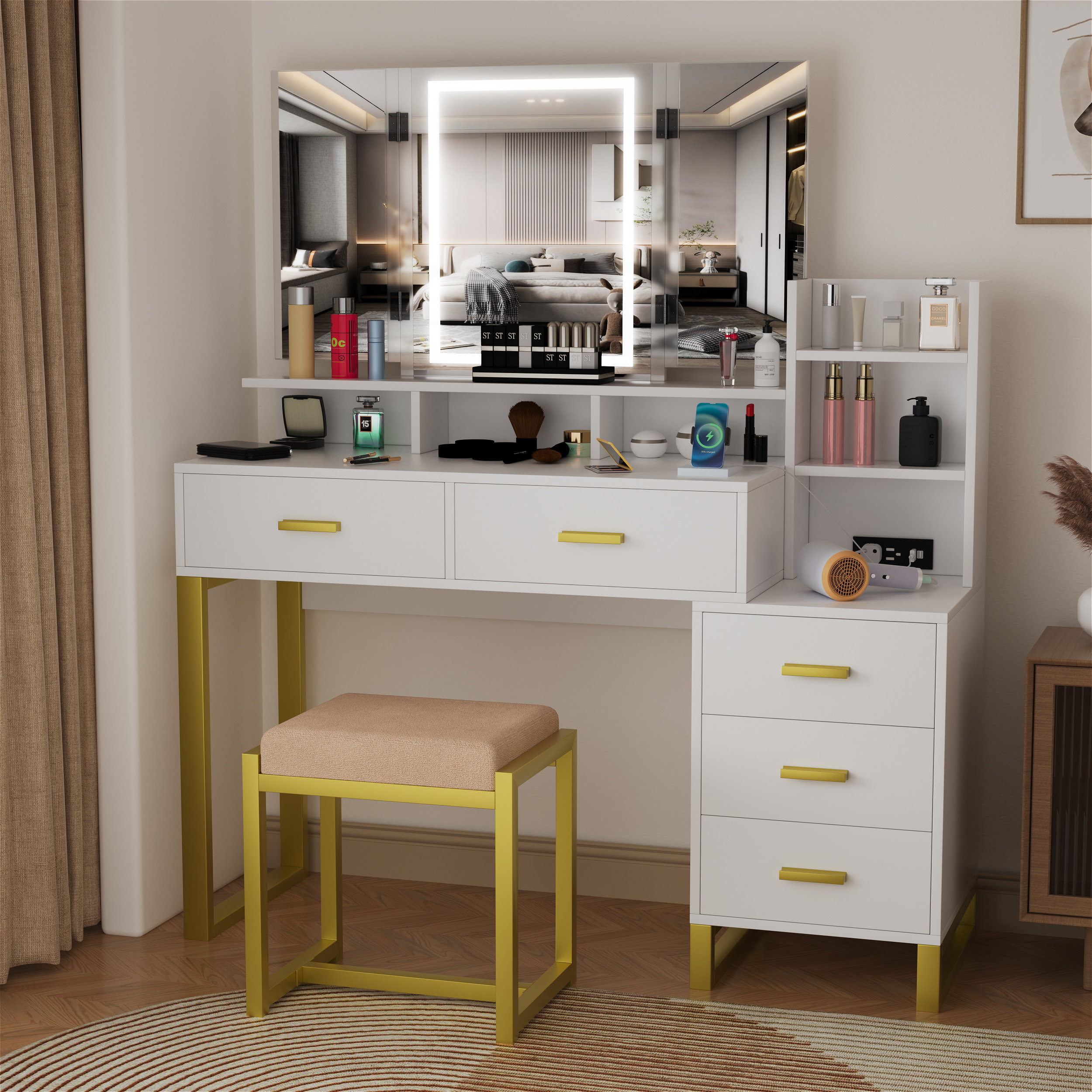 Everly Quinn Maylea Tri-fold Mirror Vanity with 3-Color Adjustable ...