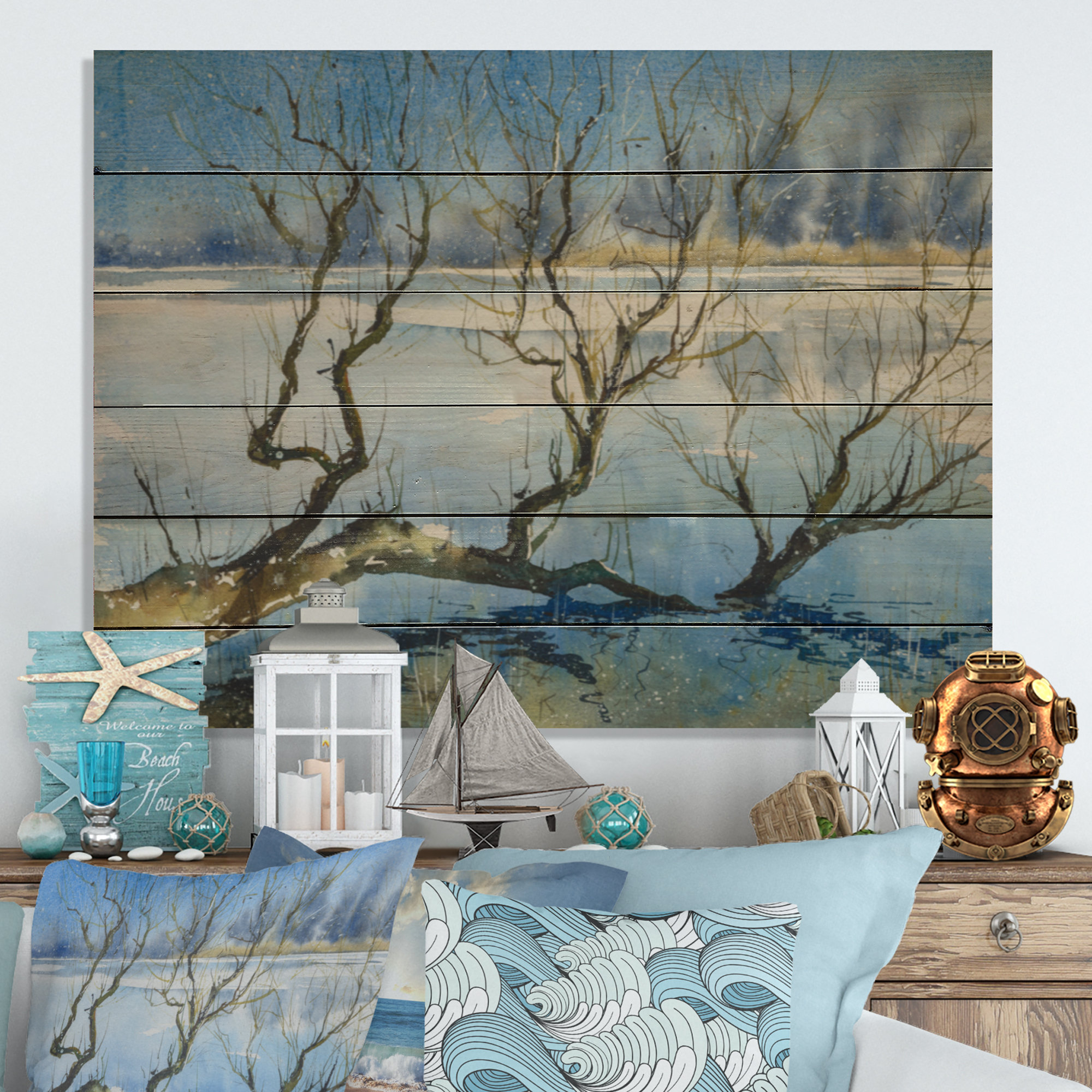 Winston Porter Tree In Winter Lake Painting - Lake House Wood Wall ...
