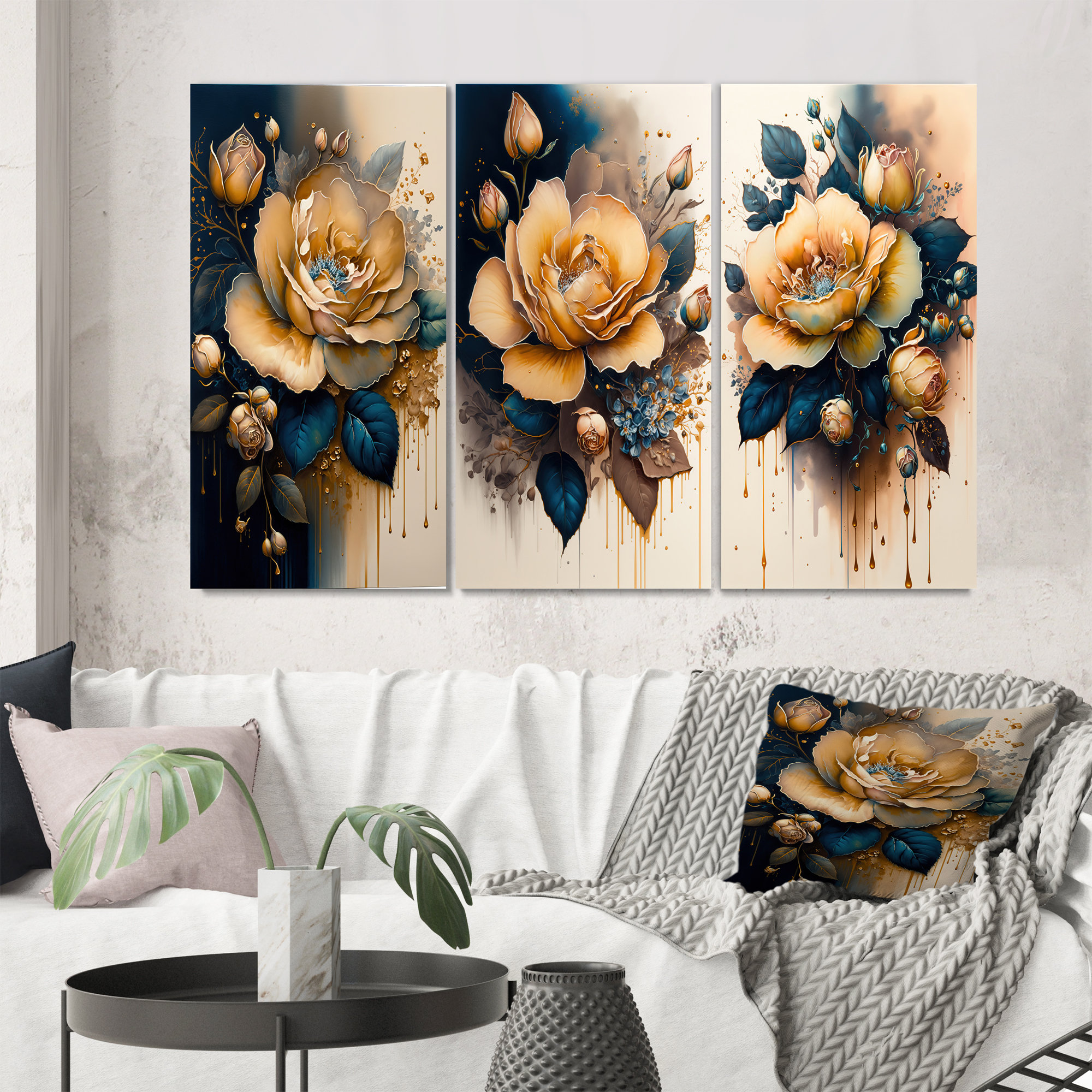 Red Barrel Studio® " Yellow And Blue Roses " 3 - Pieces on Canvas | Wayfair
