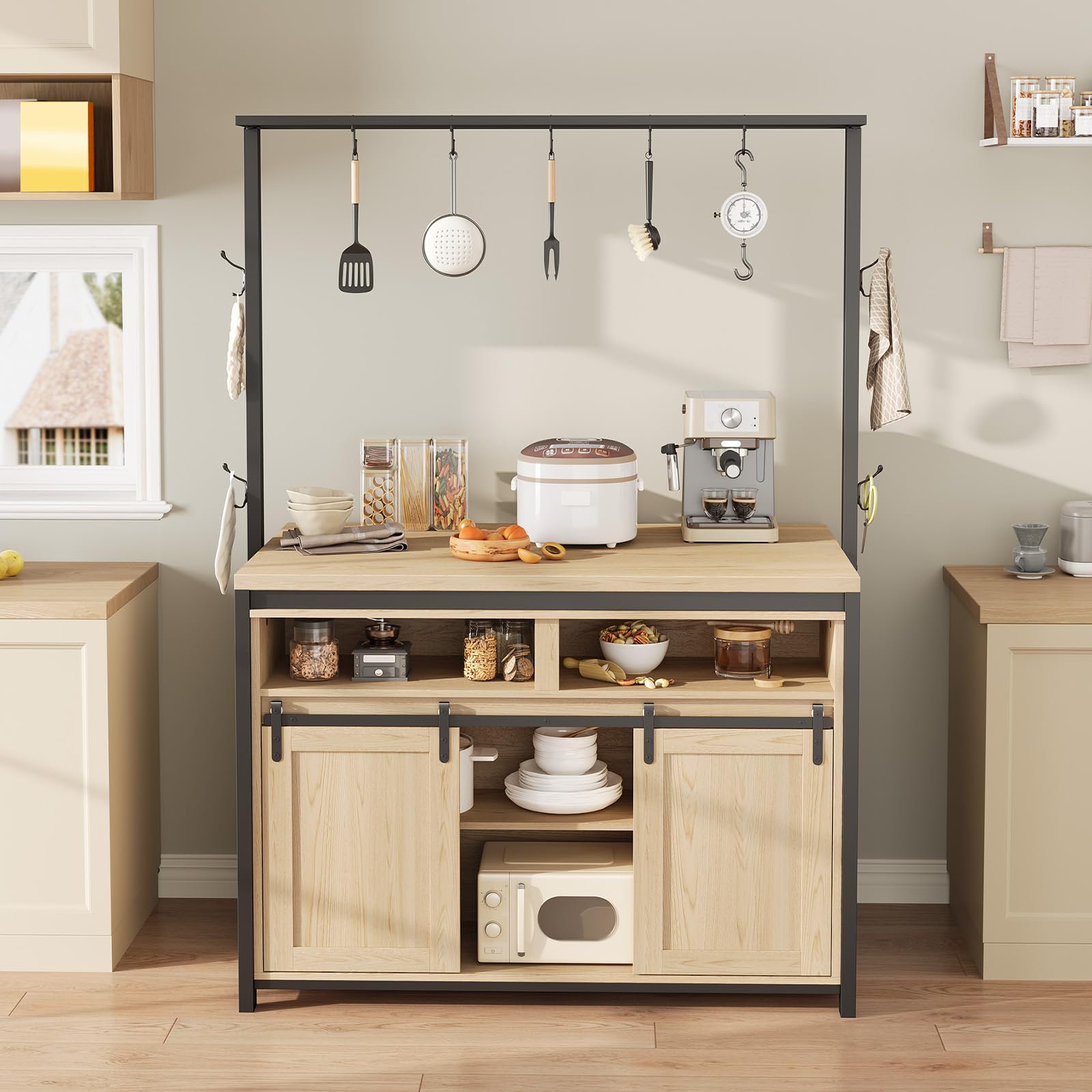 Gracie Oaks Kitchen Island Table with Sliding Barn Door, Heavy Duty ...