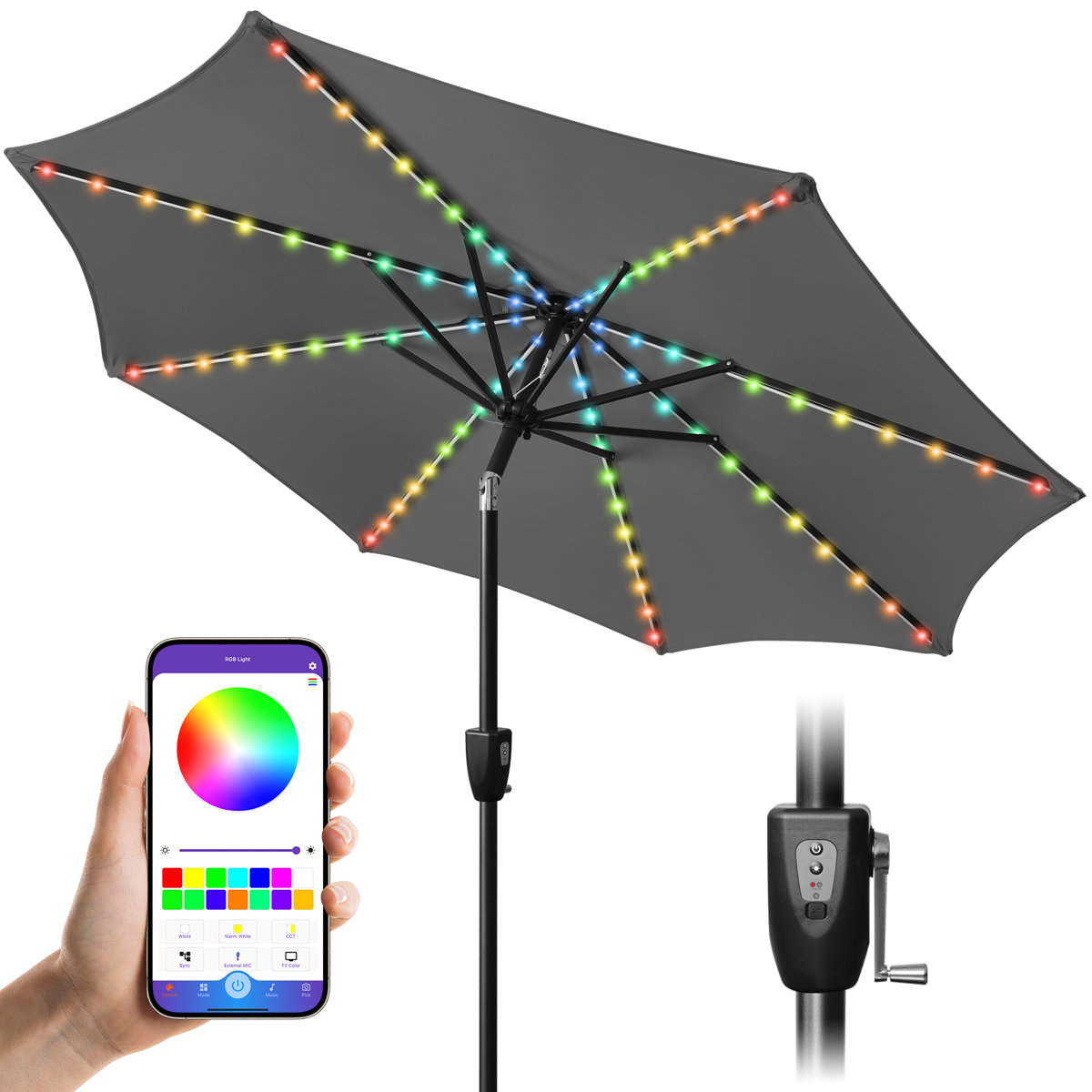 LovoIn 7.5 Ft Solar Umbrella, 32 COLORFUL LED Lighted Patio Umbrella ...
