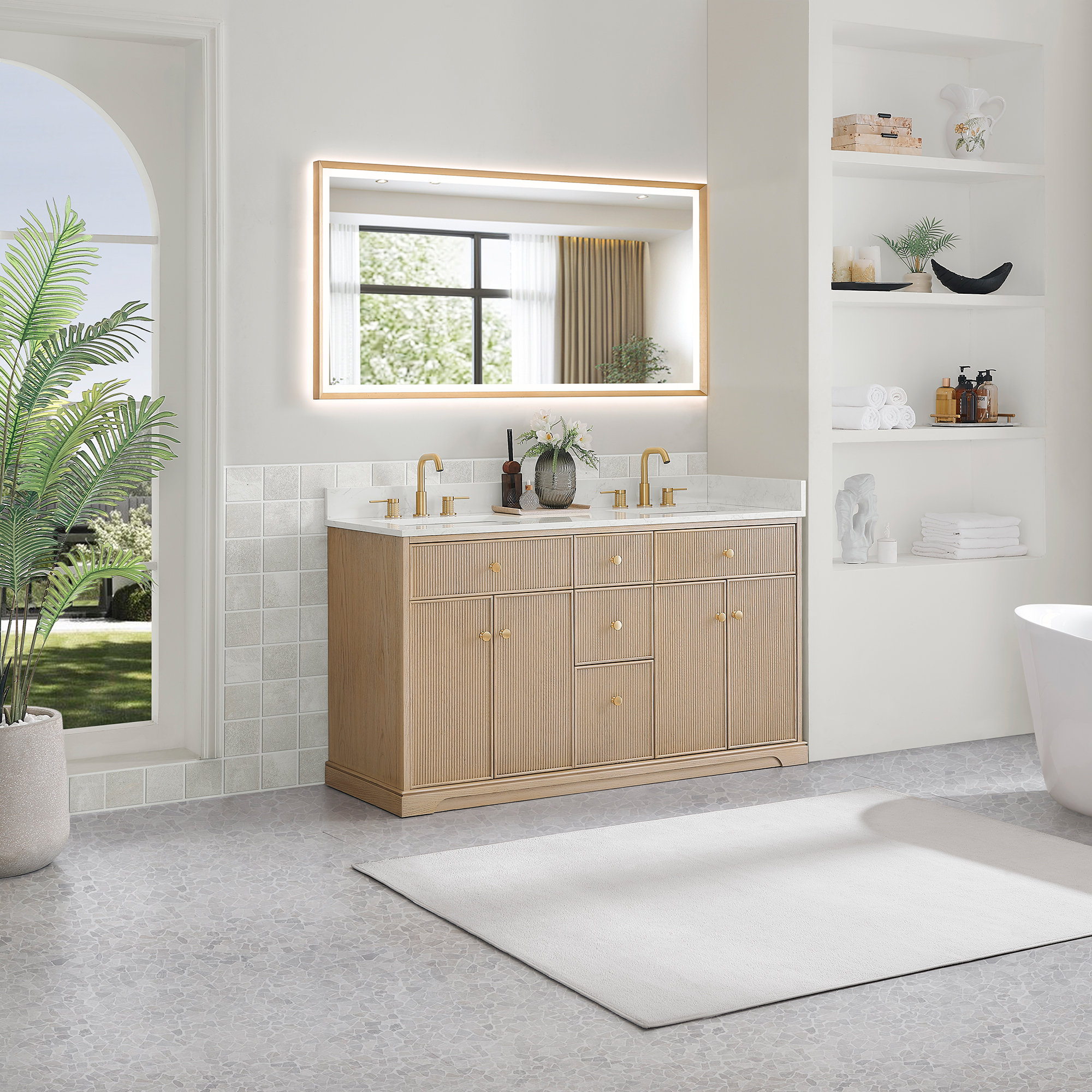 Lark Manor™ Noe Double Bathroom Vanity in Natural Oak with Grain White ...