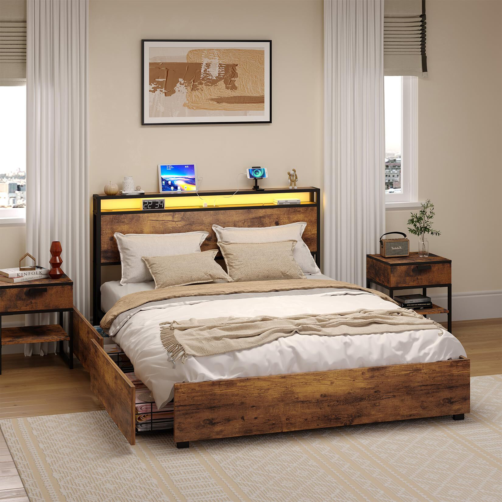 Wrought Studio™ Bed Frame With 4 Storage Drawers & Headboard | Wayfair