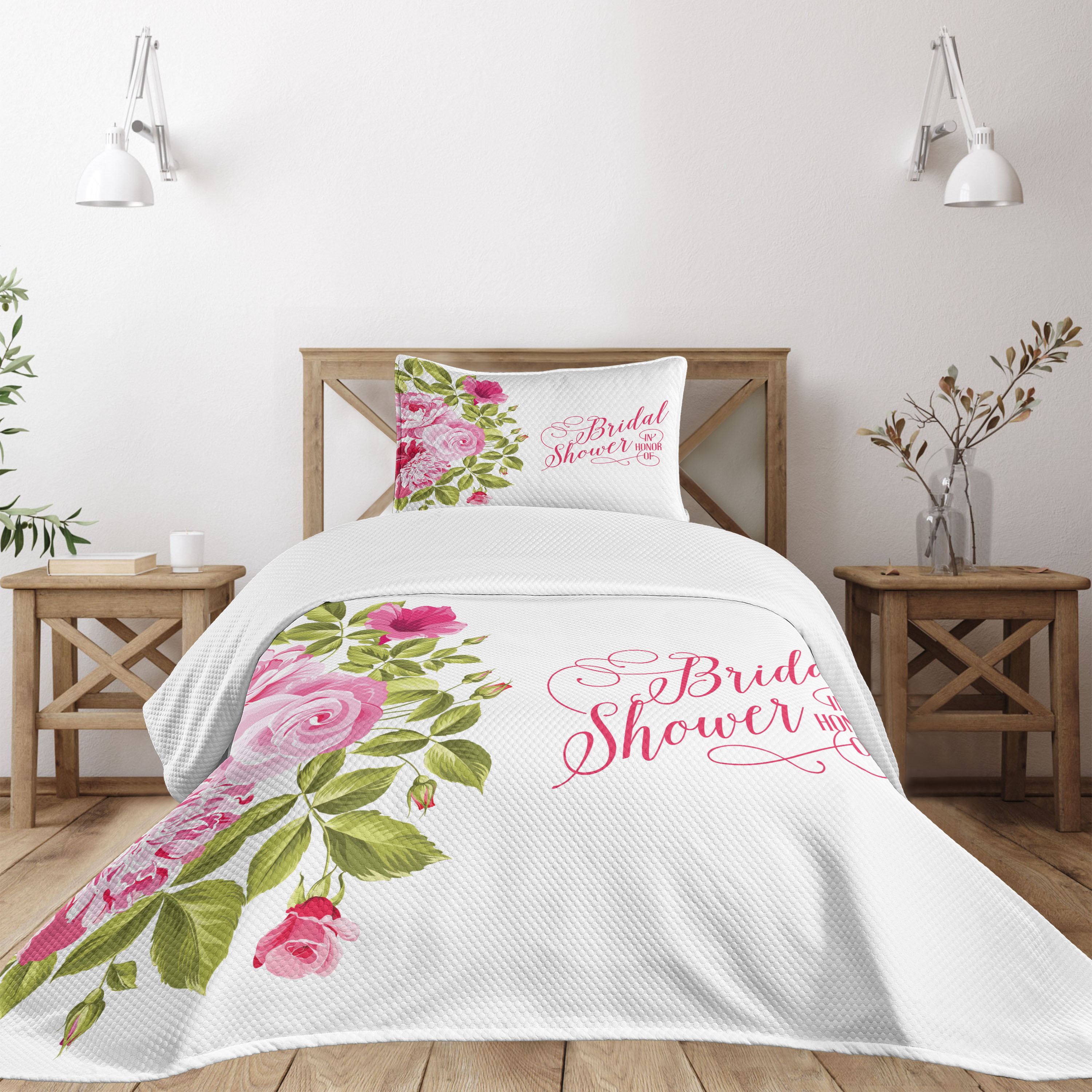 Ambesonne Pink Bedspread Set 2 Pcs Bride Shabby Flowers Twin Pale Pink ...