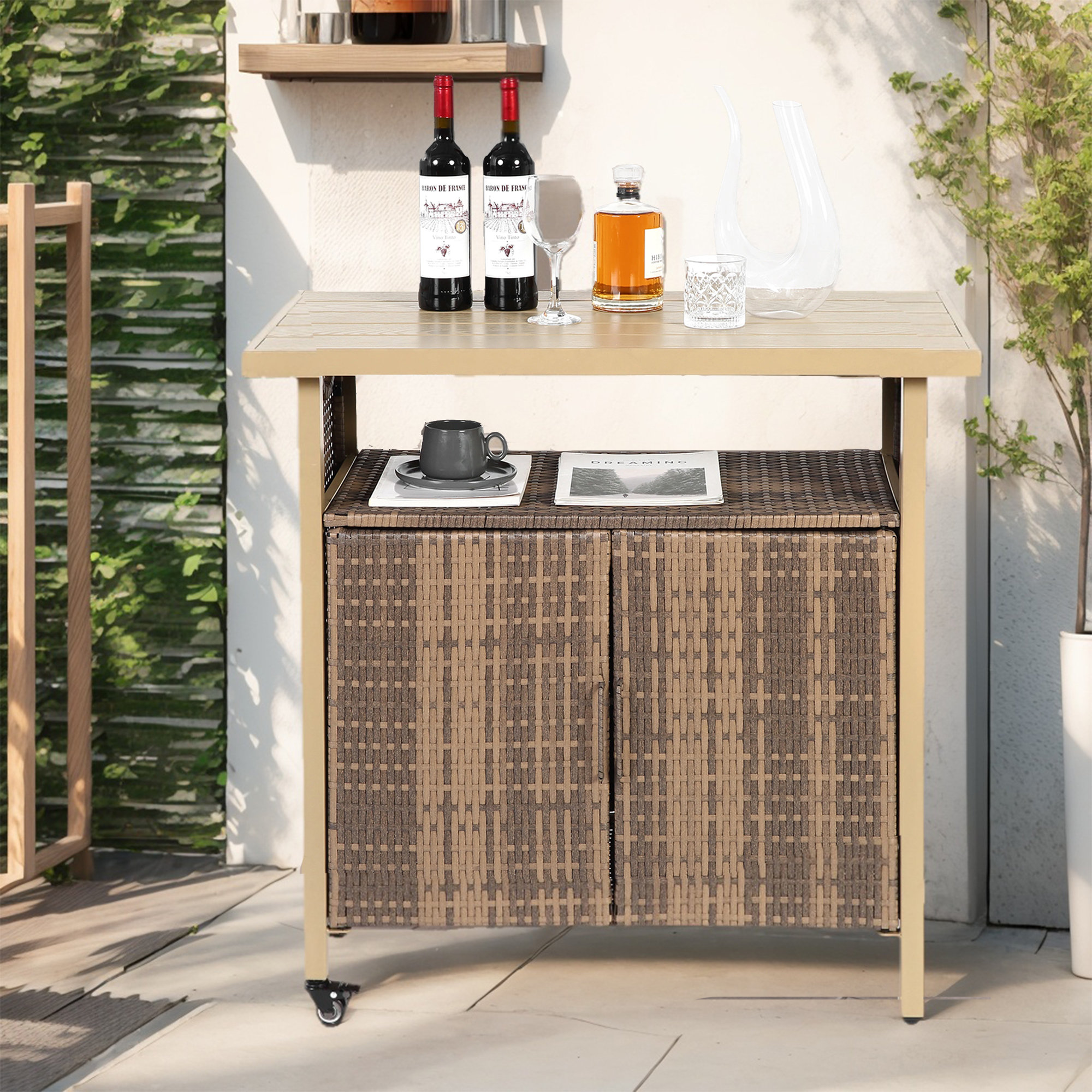 Dovecove Outdoor Wicker Bar Cart, Weatherproof Patio Serving Cart With ...
