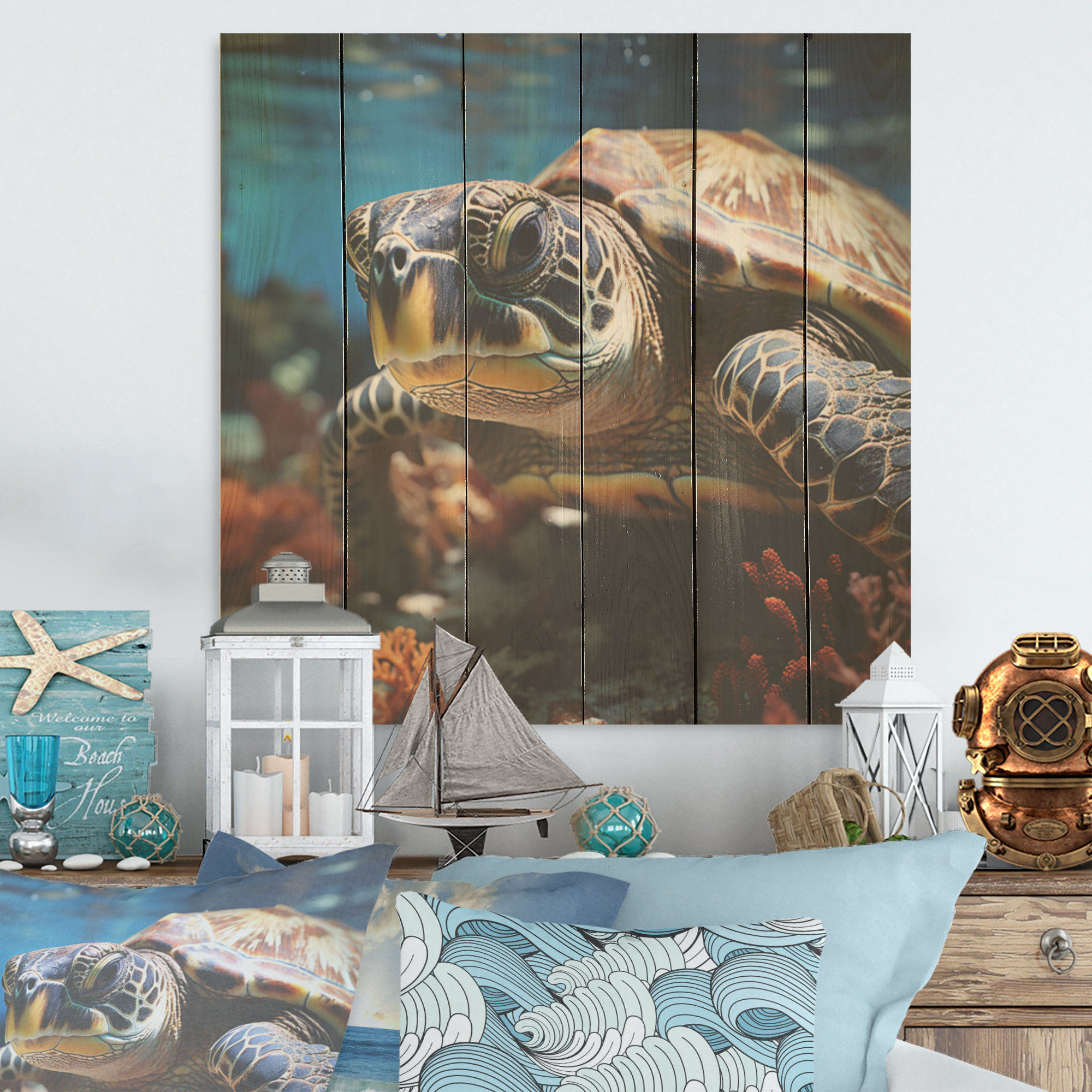 Bay Isle Home™ Curious Underwater Sea Turtle - Turtle Wood Panel Wall ...