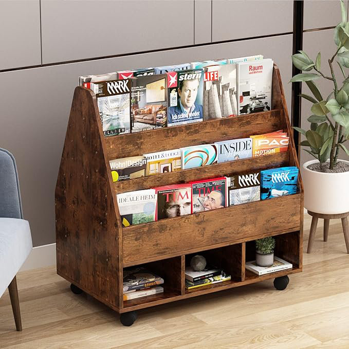 Ebern Designs Double Sided Mobile Bookcase Display Stand,4 Tier Wood ...