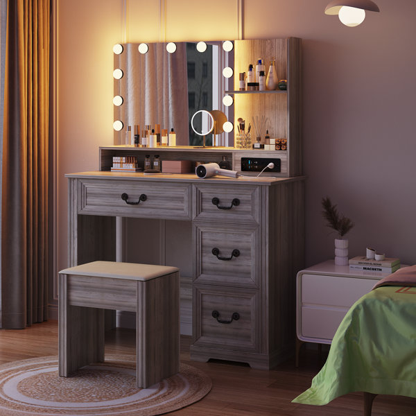 Winston Porter Vanity Desk With Mirror, Light Bulbs, Drawers, Shelves ...