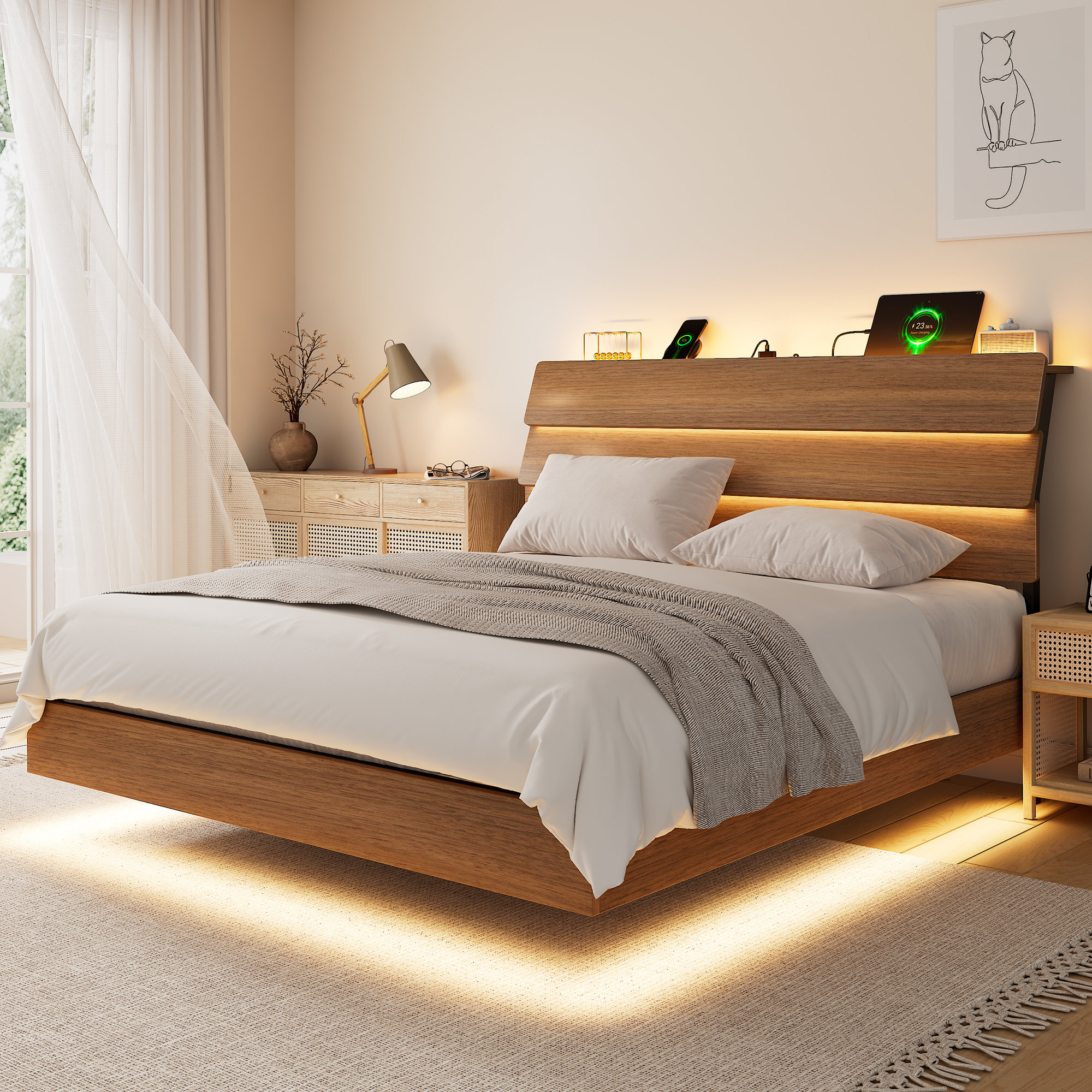 Ivy Bronx Full Size Floating Bed Frame With Led And Charging Station ...